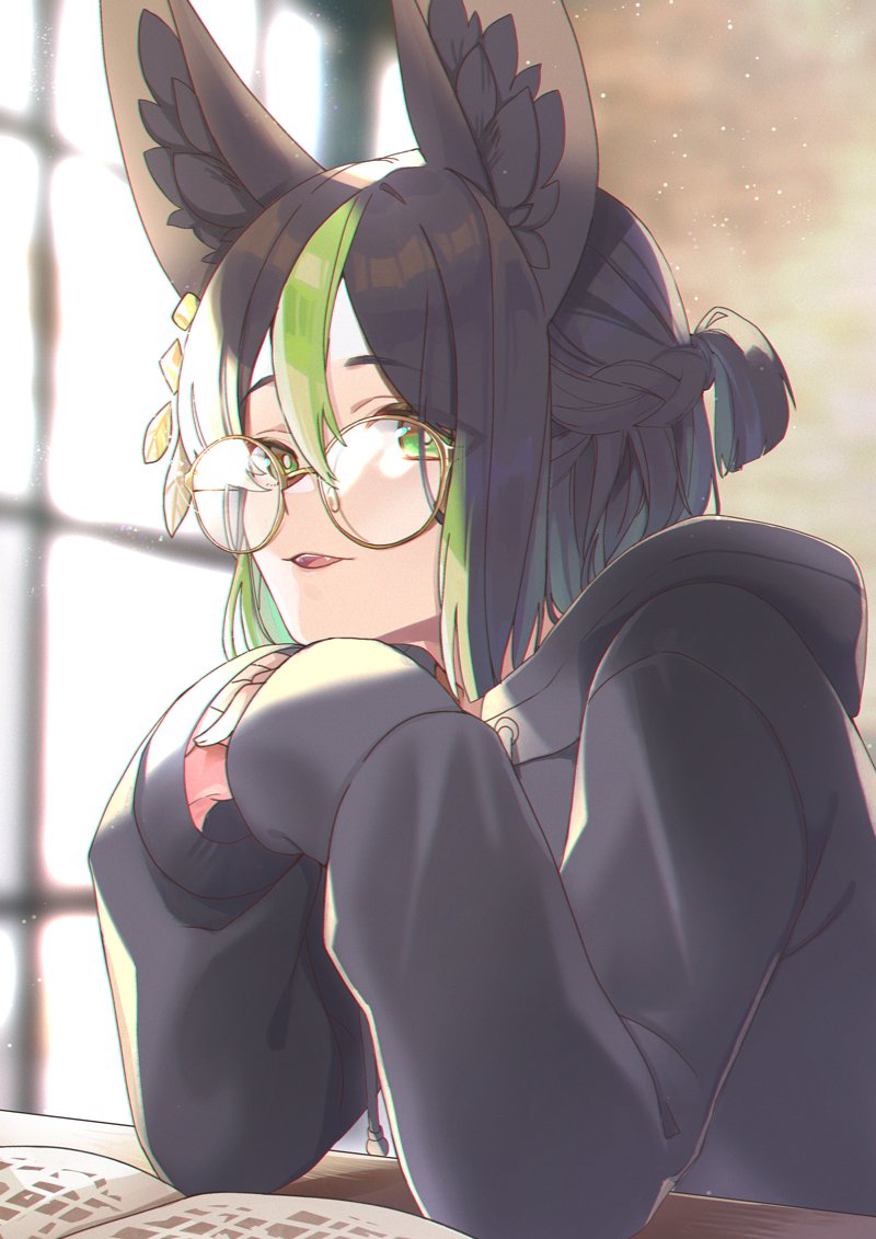 Safebooru - 1boy animal ear fluff animal ears black hair black hoodie book braid desk fangs fox ...