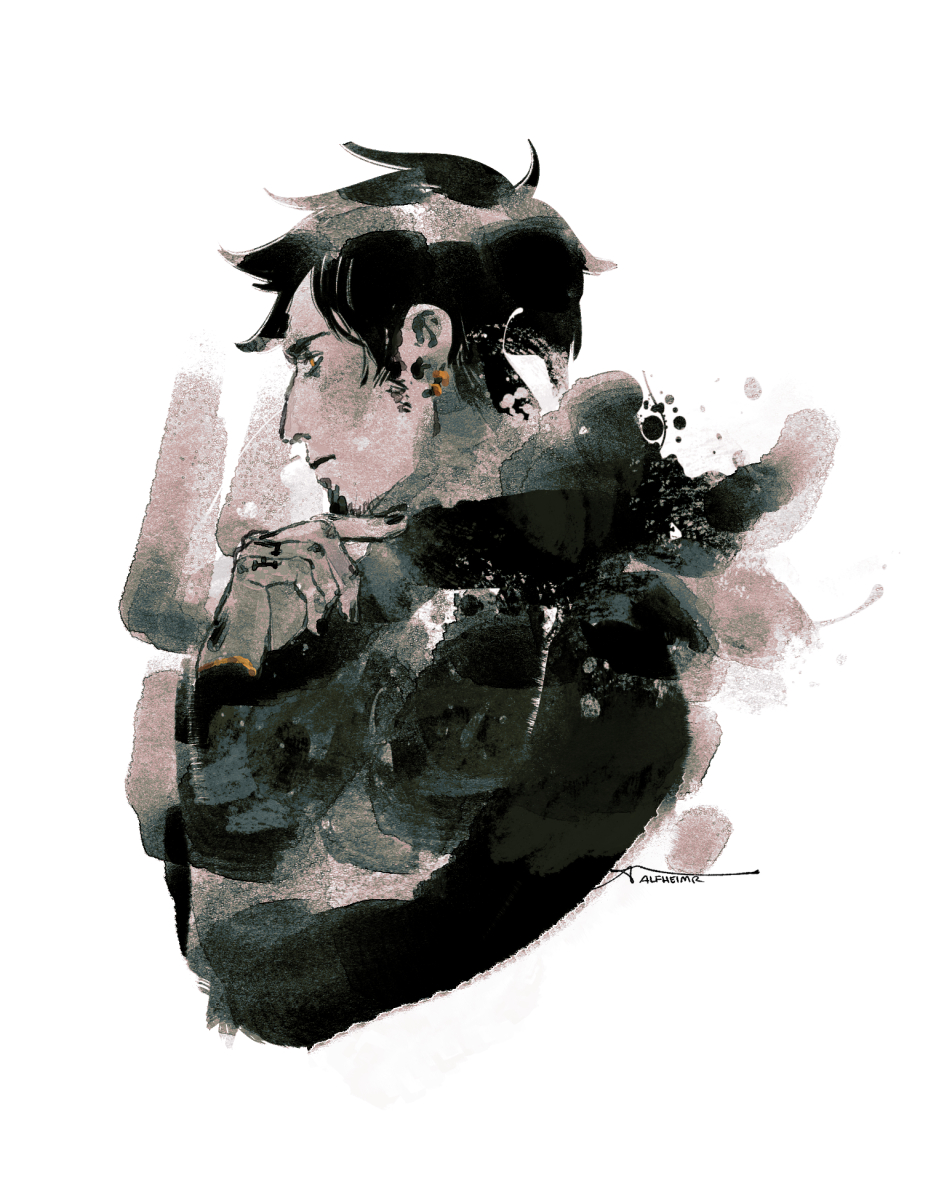 Safebooru - 1boy beard black hair black shirt earrings expressionless facial hair finger tattoo ...