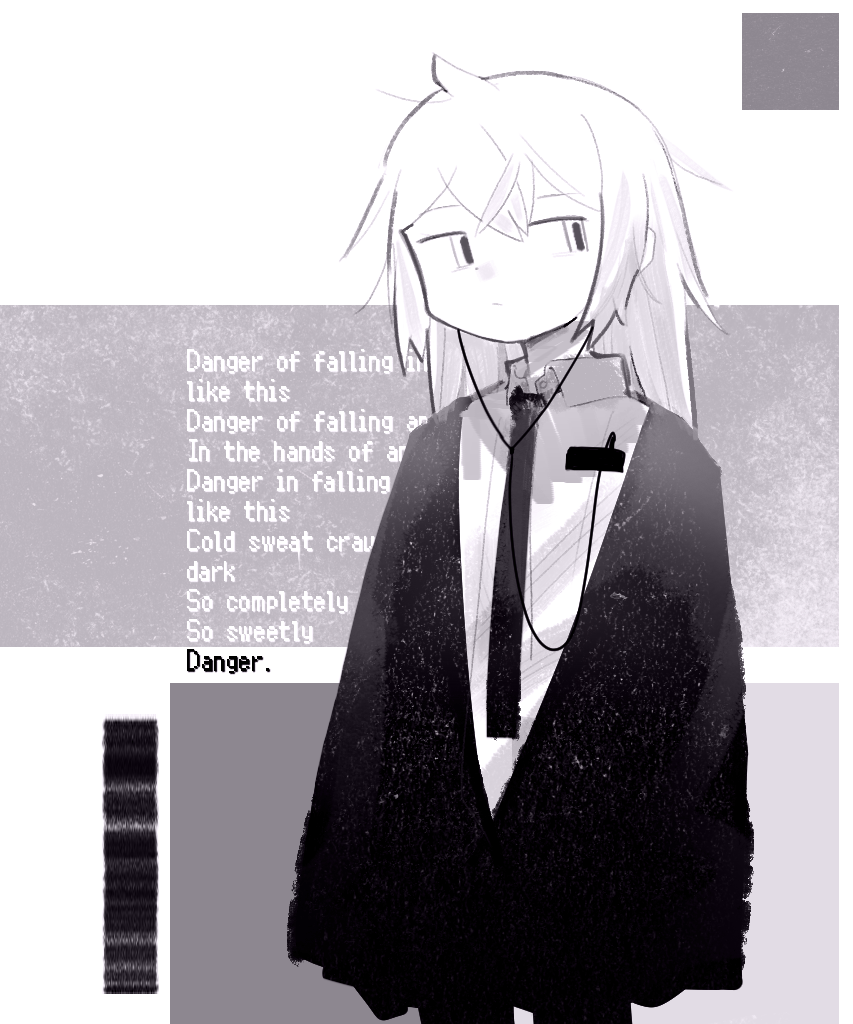 Safebooru - 1girl abstract background black jacket black necktie ccg earphones english text ...