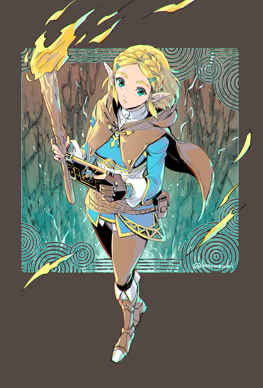 Safebooru - 1girl aqua eyes blue shirt boots braid breasts brown capelet brown gloves brown ...