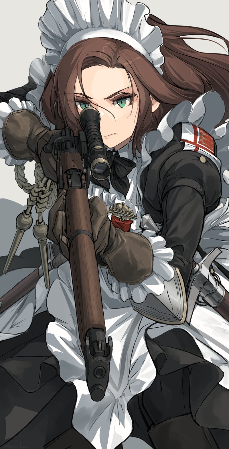 Safebooru - 1girl aiming apron asterisk kome bolt action closed mouth frilled gloves frills ...