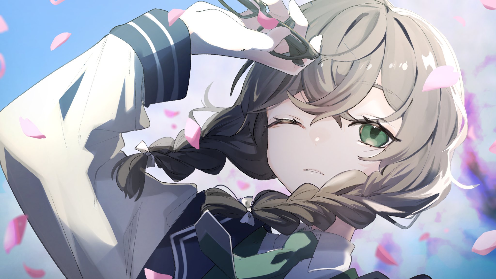 Safebooru - 1girl arm up black hair black jacket blazer blurry blurry background bow braid cevio ...