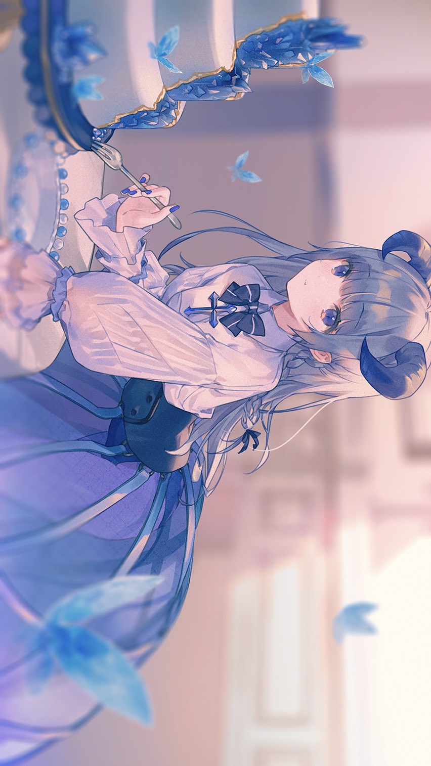 Safebooru - 1girl black horns blue bow blue bowtie blue butterfly blue corset blue eyes blue ...