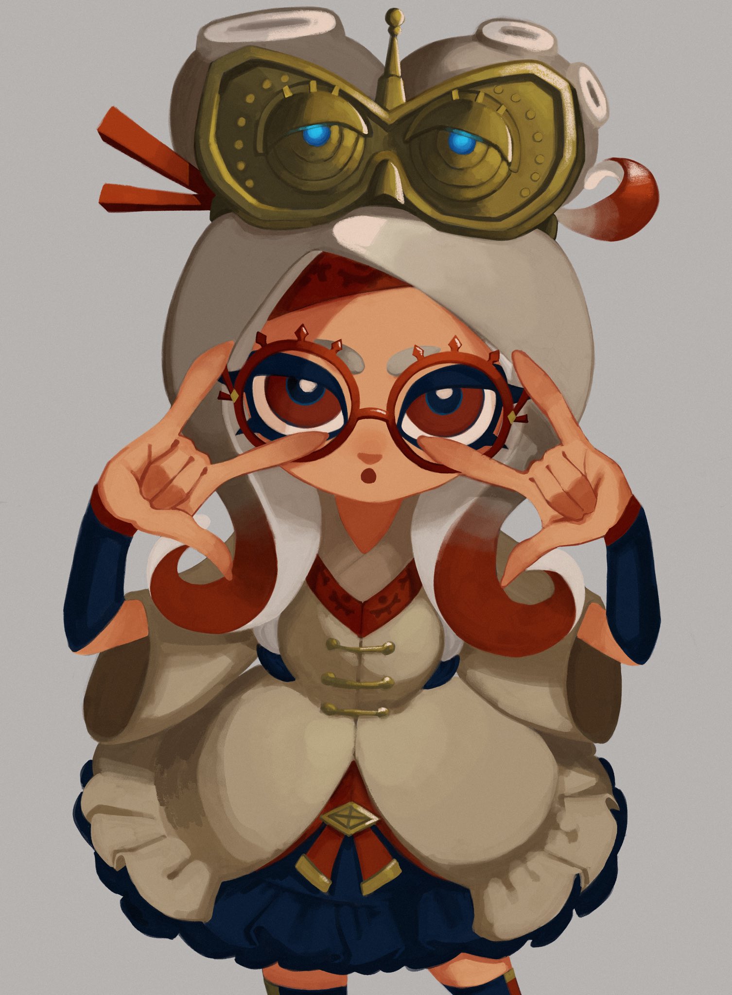 Safebooru - 1girl :o arm warmers blue skirt blue thighhighs brown shirt ...