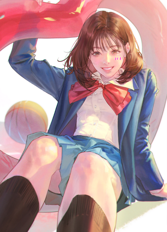 Safebooru - 1girl ball basketball (object) black footwear blue coat blue skirt bow bowtie brown ...