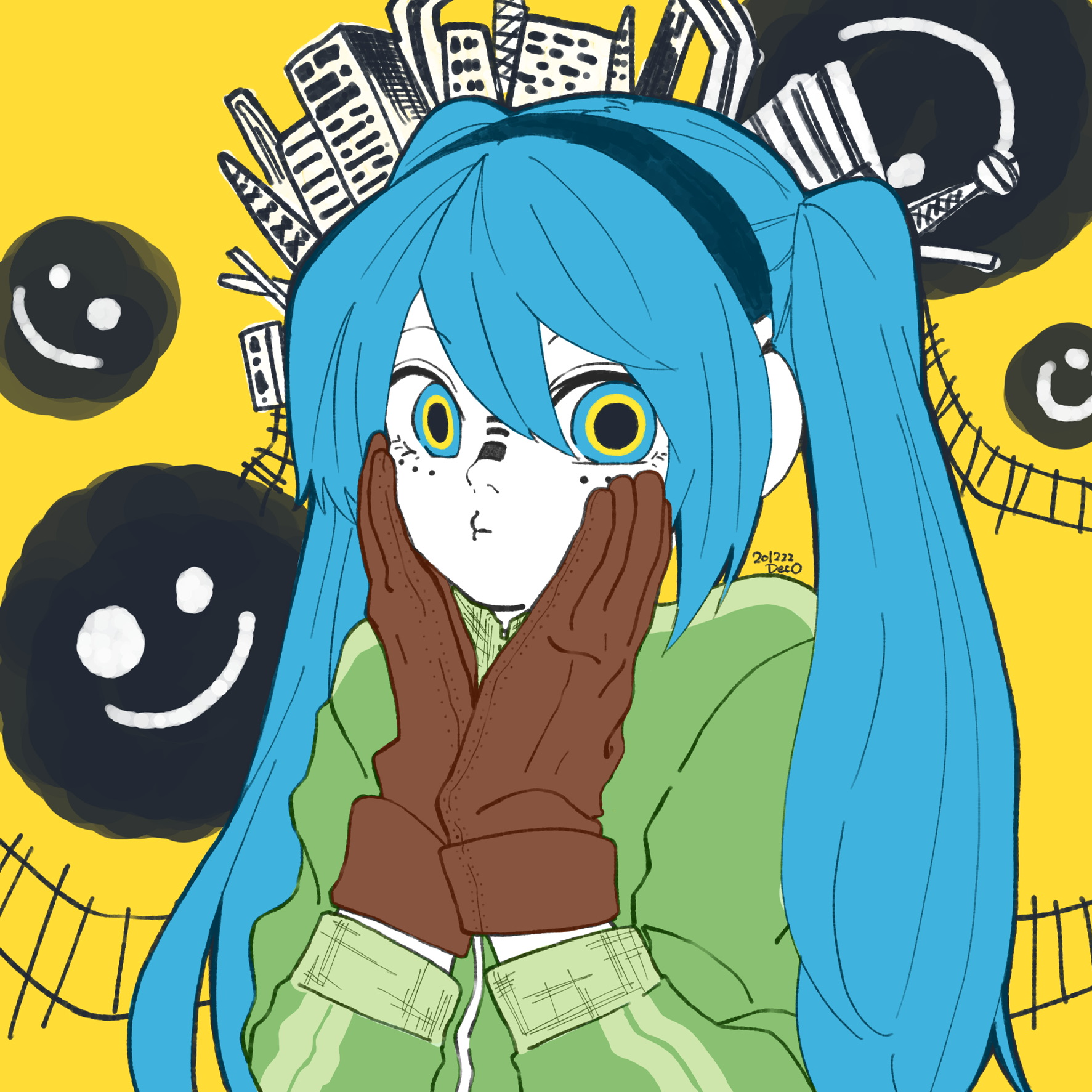 Safebooru - 1girl black hairband blue eyes blue hair brown gloves bunnyhuman city crazy eyes ...