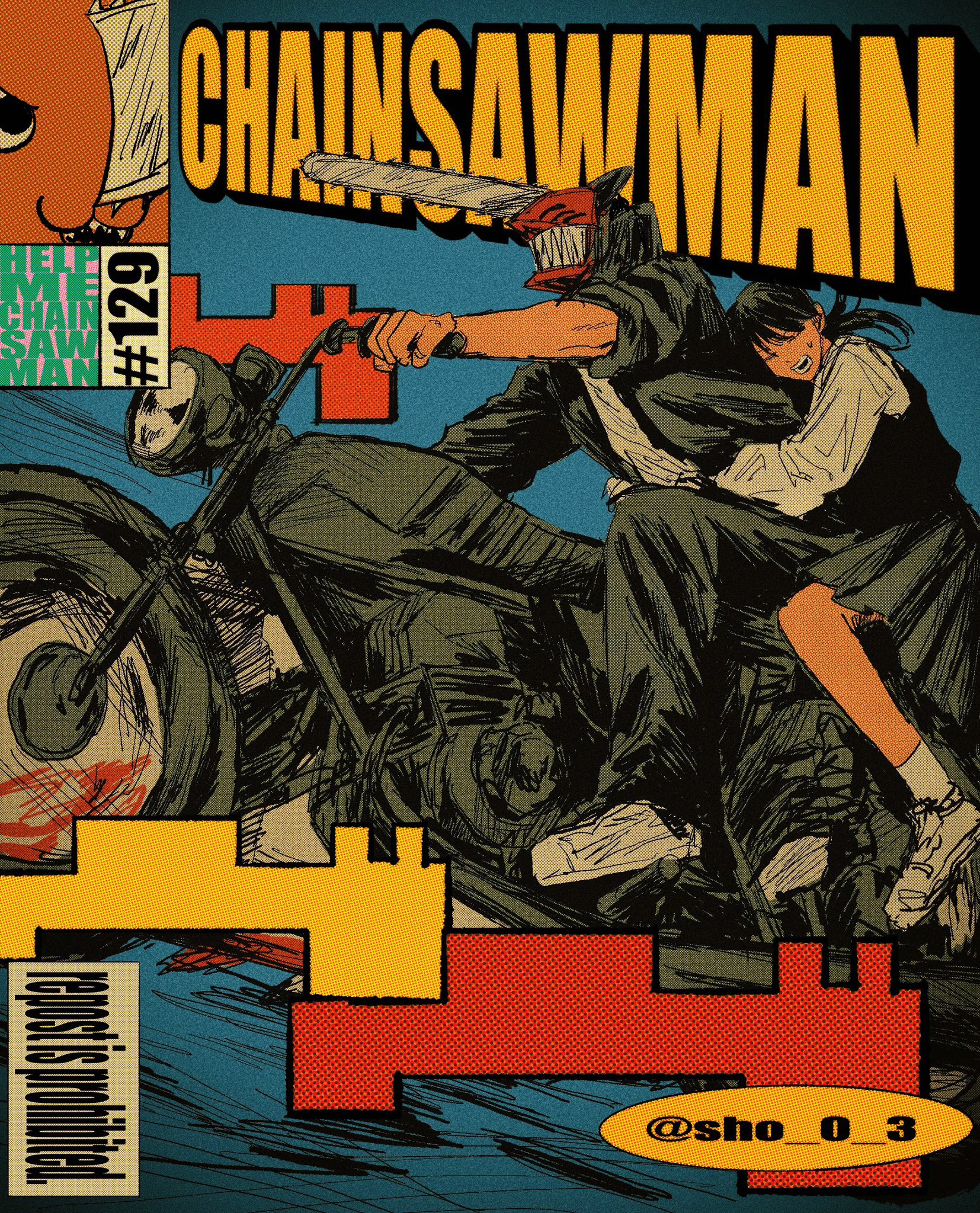 Safebooru - 1boy 1girl arms around waist blue background chainsaw ...