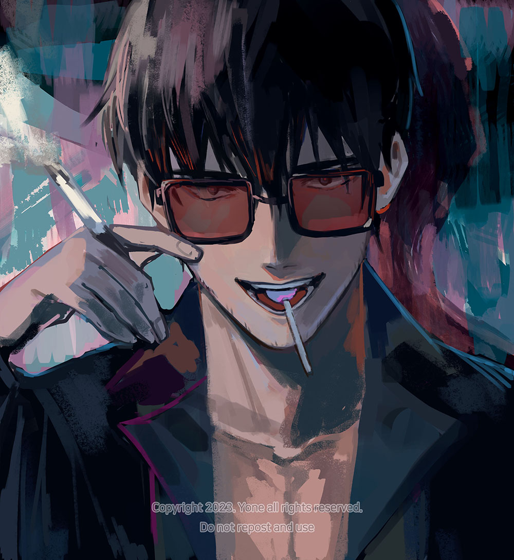 Safebooru - 1boy black hair black jacket black shirt blue background candy cigarette collared ...