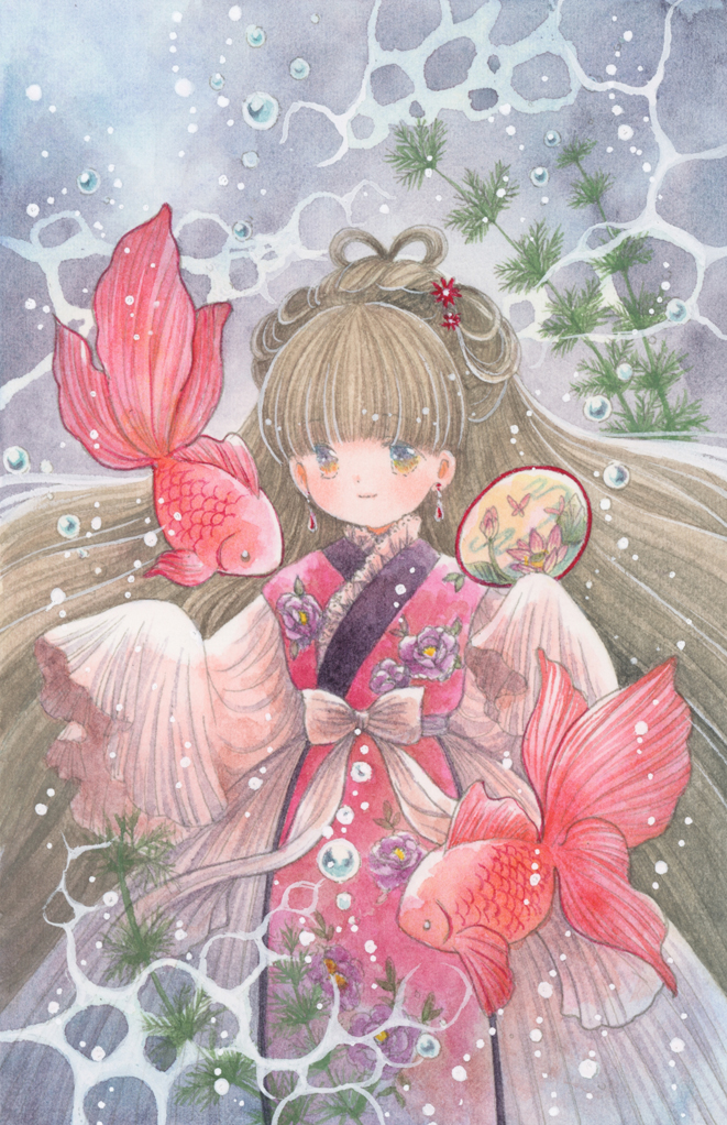 Safebooru - 1girl blunt bangs blush brown eyes bubble caustics earrings ...