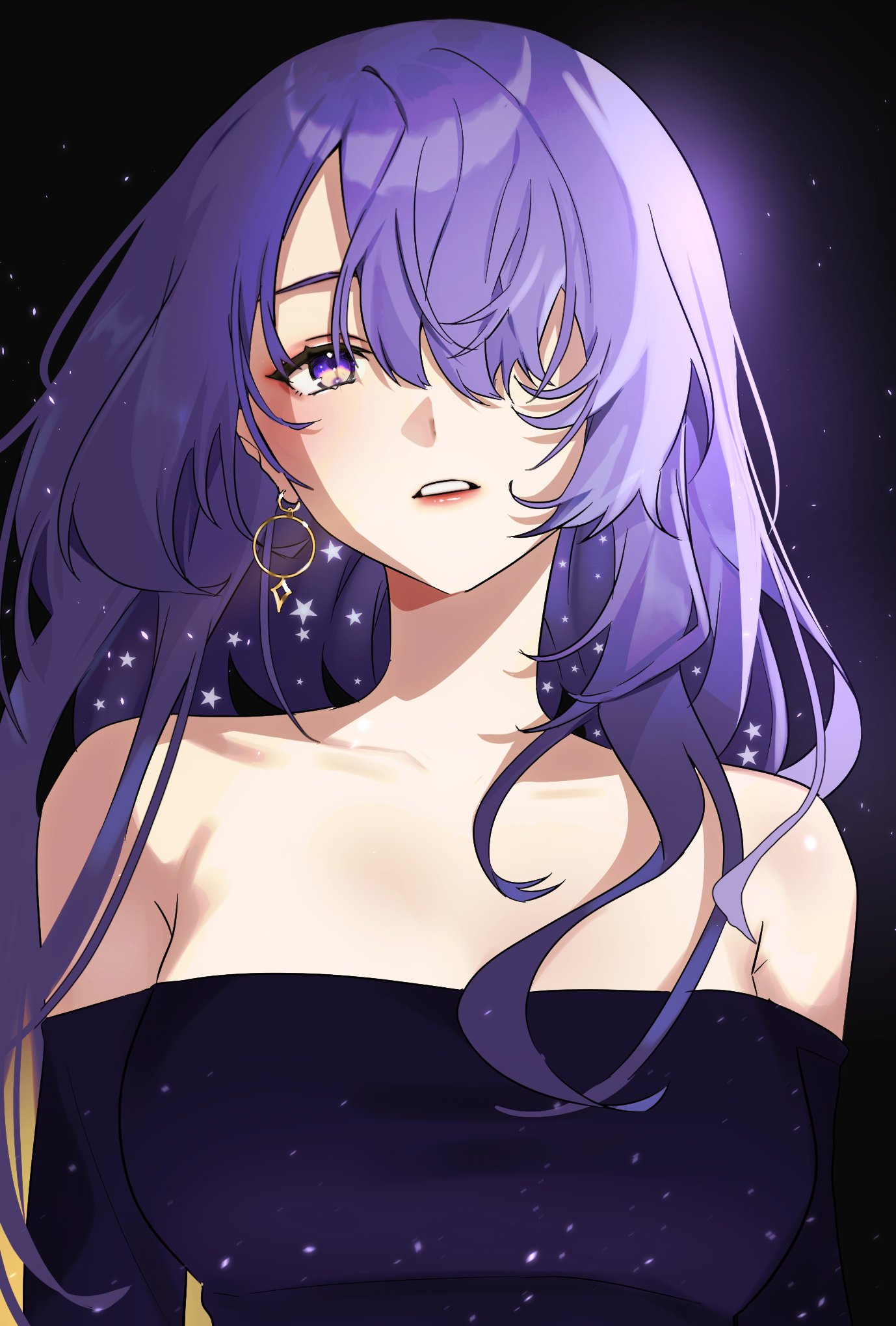 Safebooru - 1girl armpit crease bare shoulders black background blonde hair blue dress breasts ...