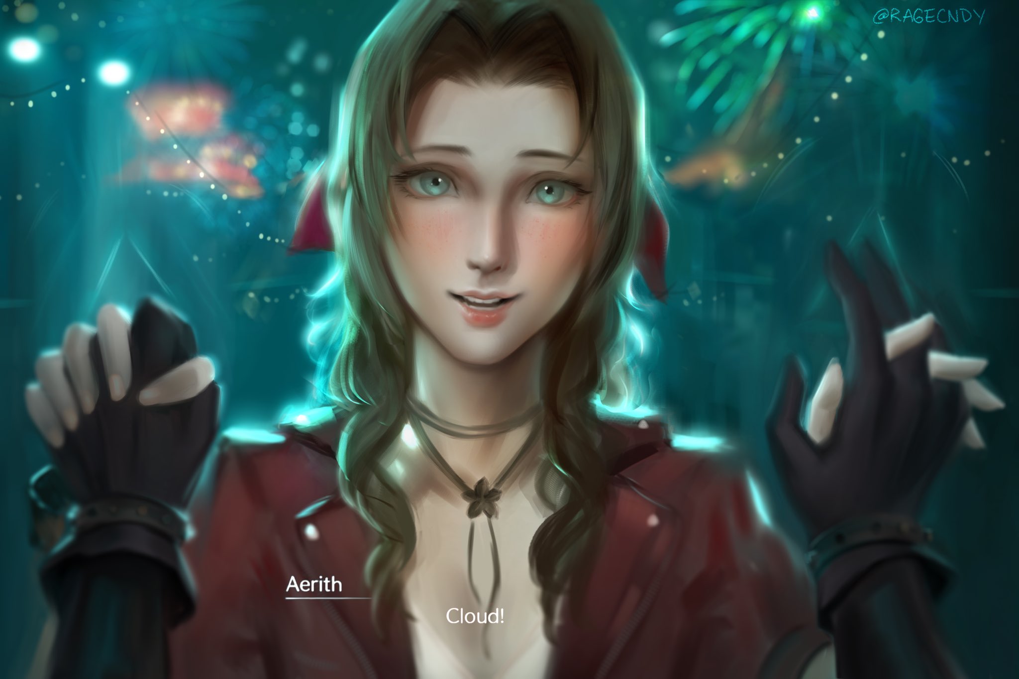 Safebooru - 1boy 1girl aerith gainsborough bangle black gloves blurry blurry background blush ...