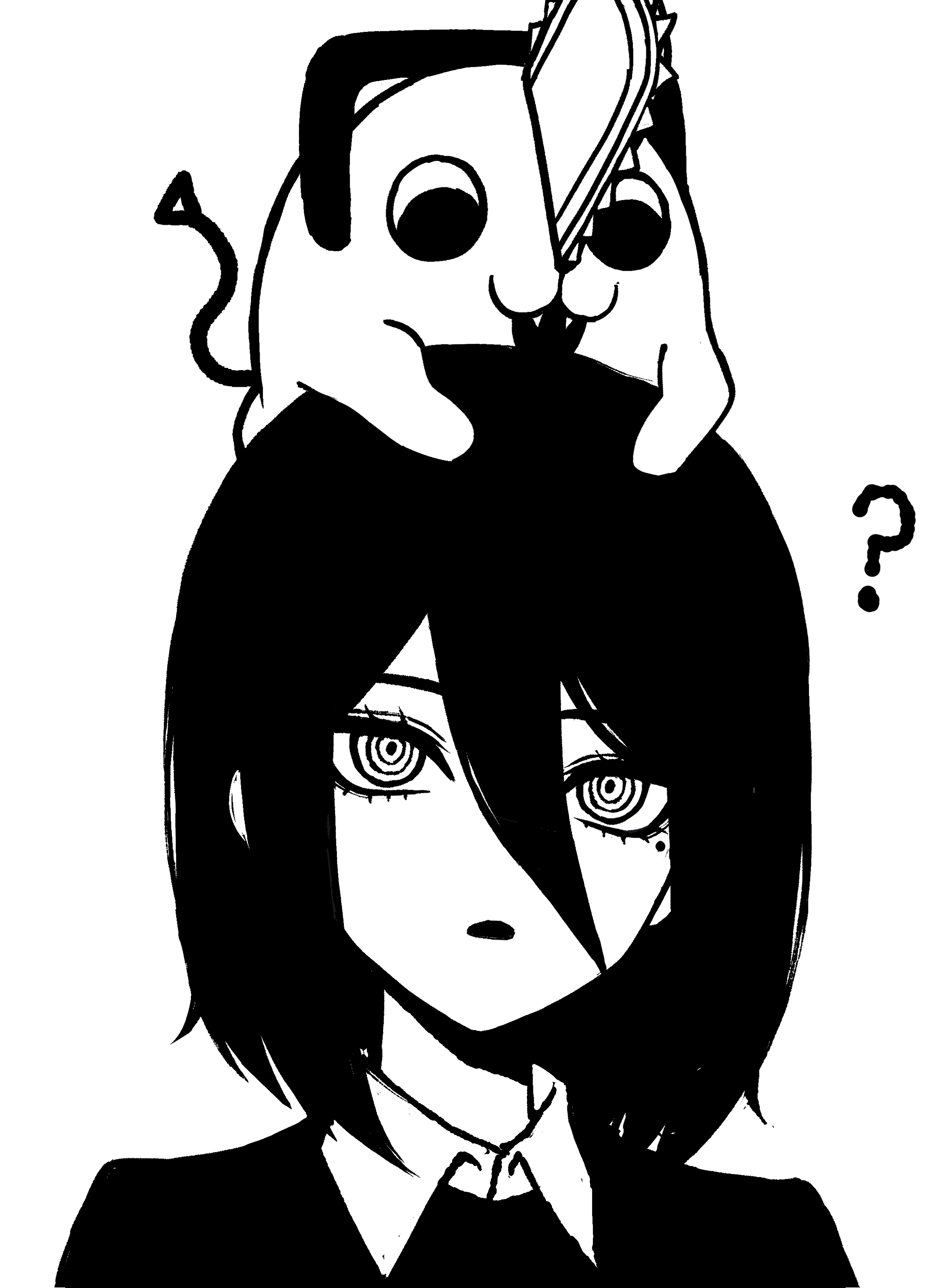 Safebooru - 1girl :3 ? absurdres animal on head black hair chainsaw chainsaw man fangs greyscale ...