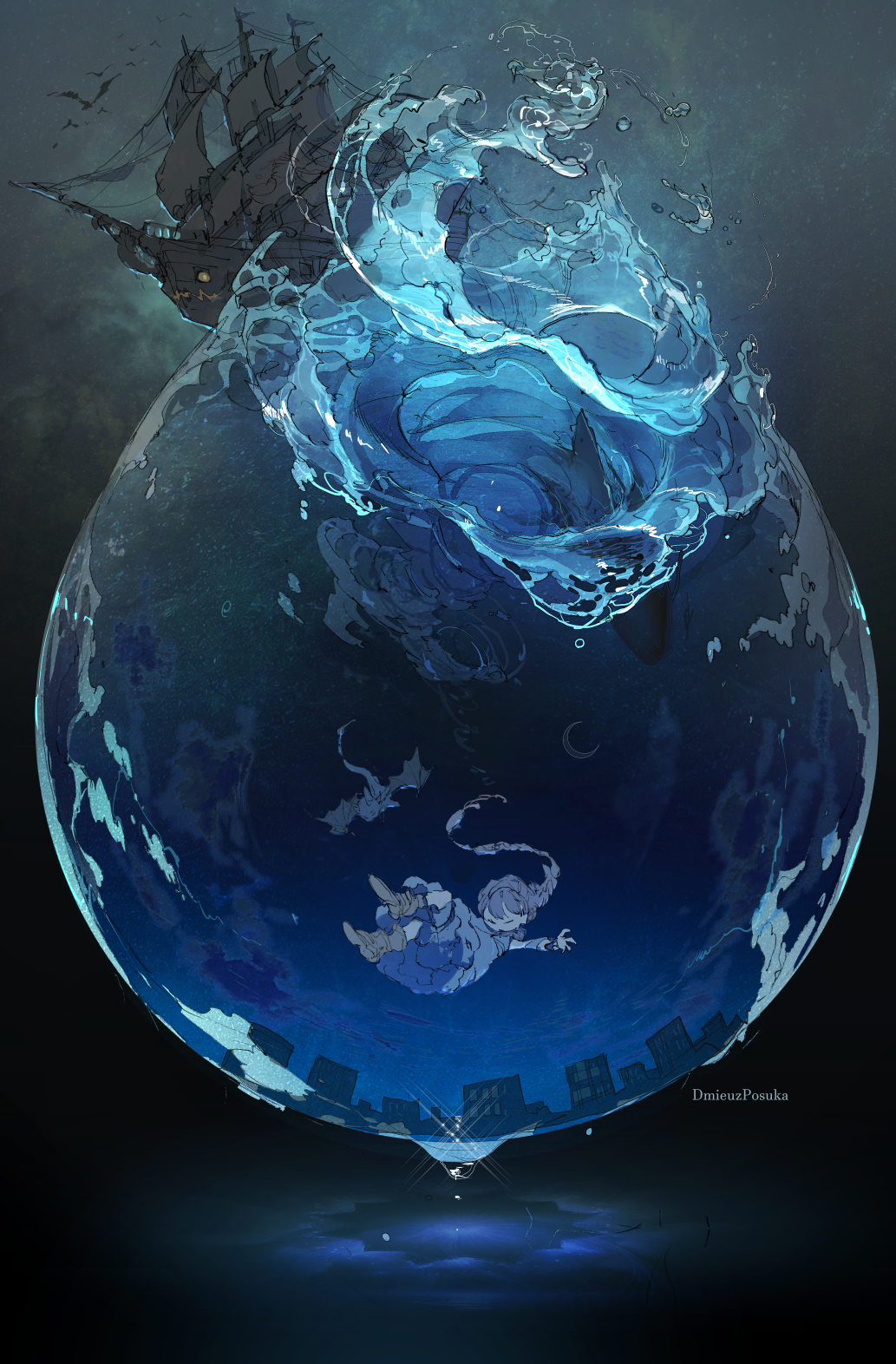 Safebooru - 1girl boat braid braided ponytail creature crescent moon ...