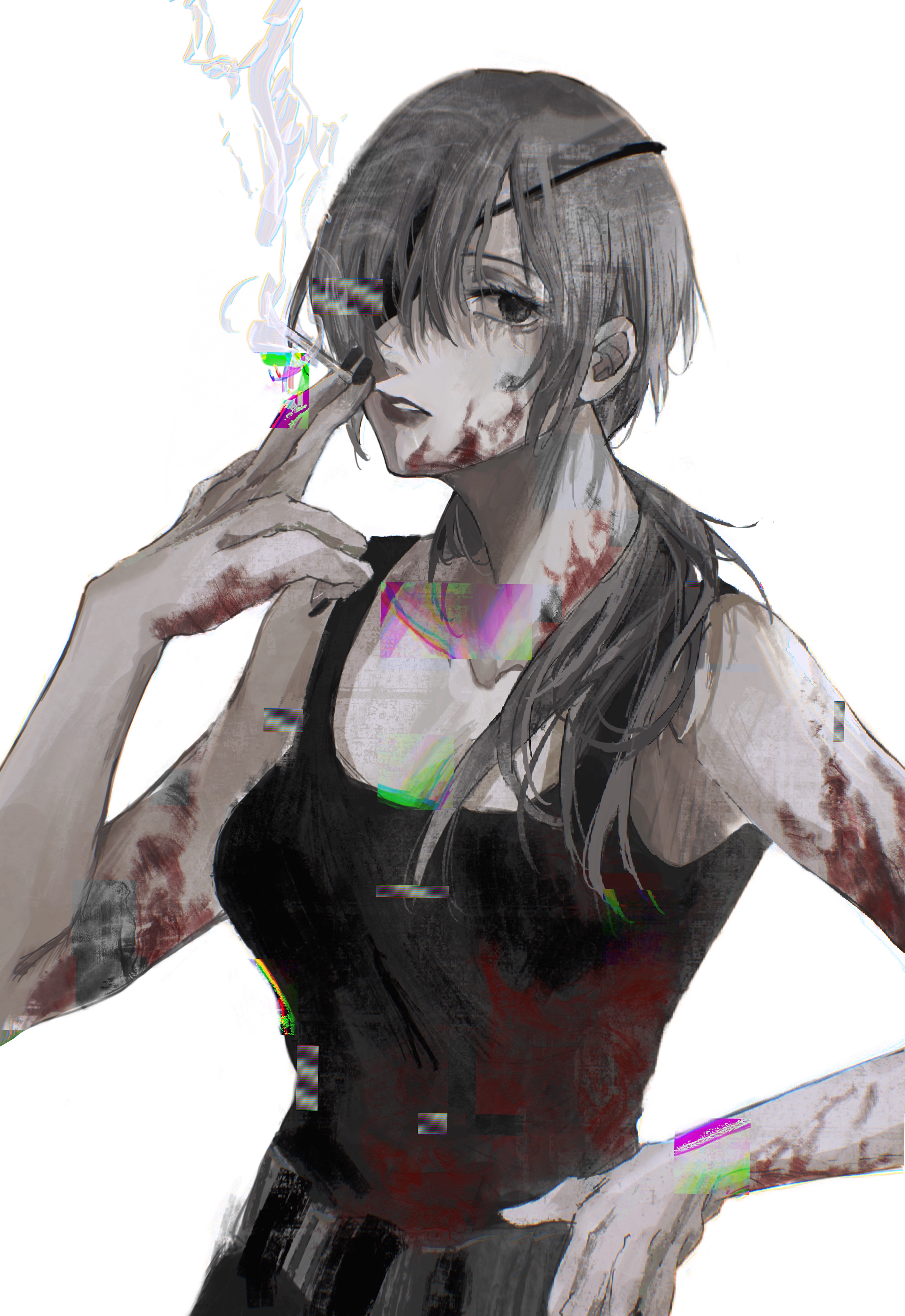 Safebooru - 1girl absurdres chainsaw man cigarette eyepatch glitch hair over shoulder hand on ...