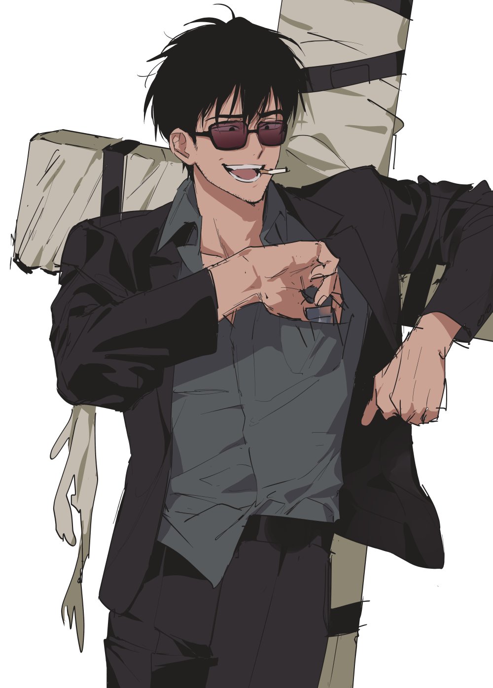 Safebooru - 1boy arms up black eyes black hair black jacket black pants cigarette collared shirt ...