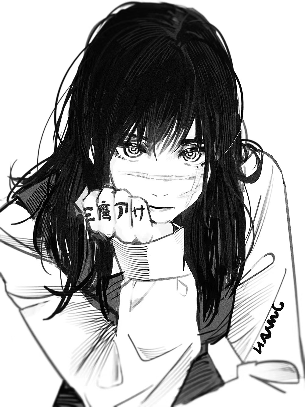 Safebooru - 1girl artist name black hair chainsaw man cross scar dress fourth east high school ...