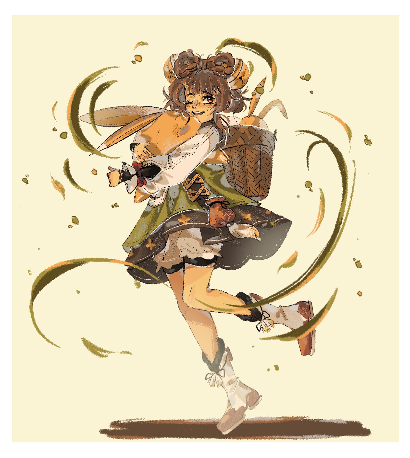 Safebooru - 1girl bell boots bow-shaped hair brown hair creature dress full body genshin impact ...