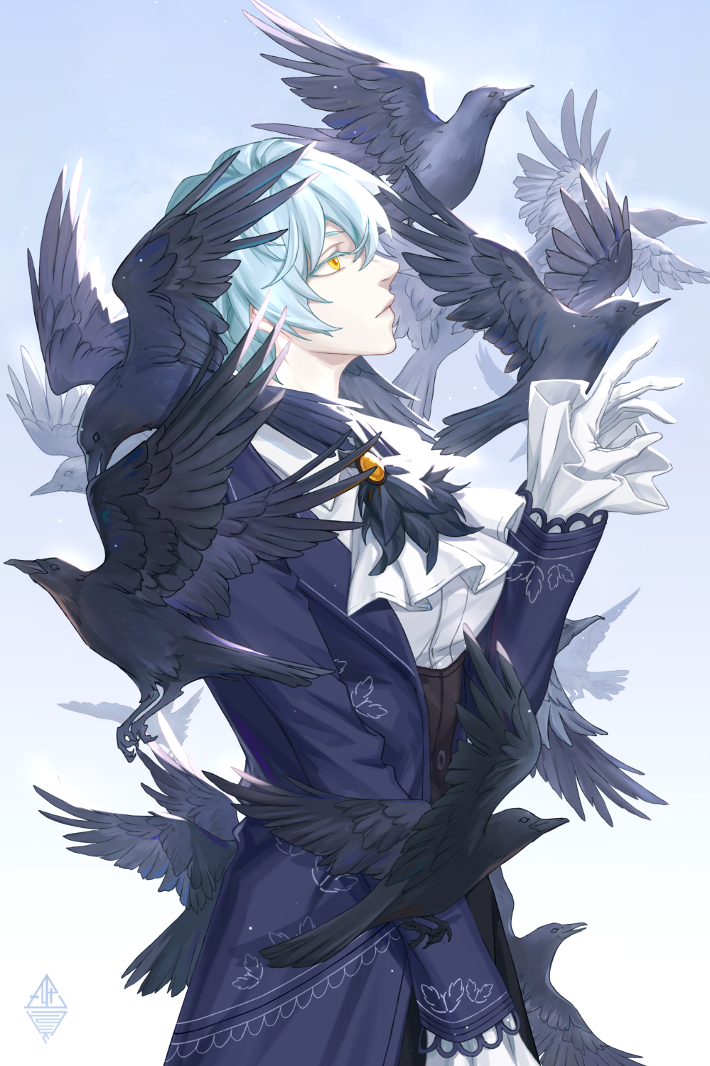 Safebooru - 1girl angela (project moon) animal on shoulder ascot bird bird on shoulder black ...