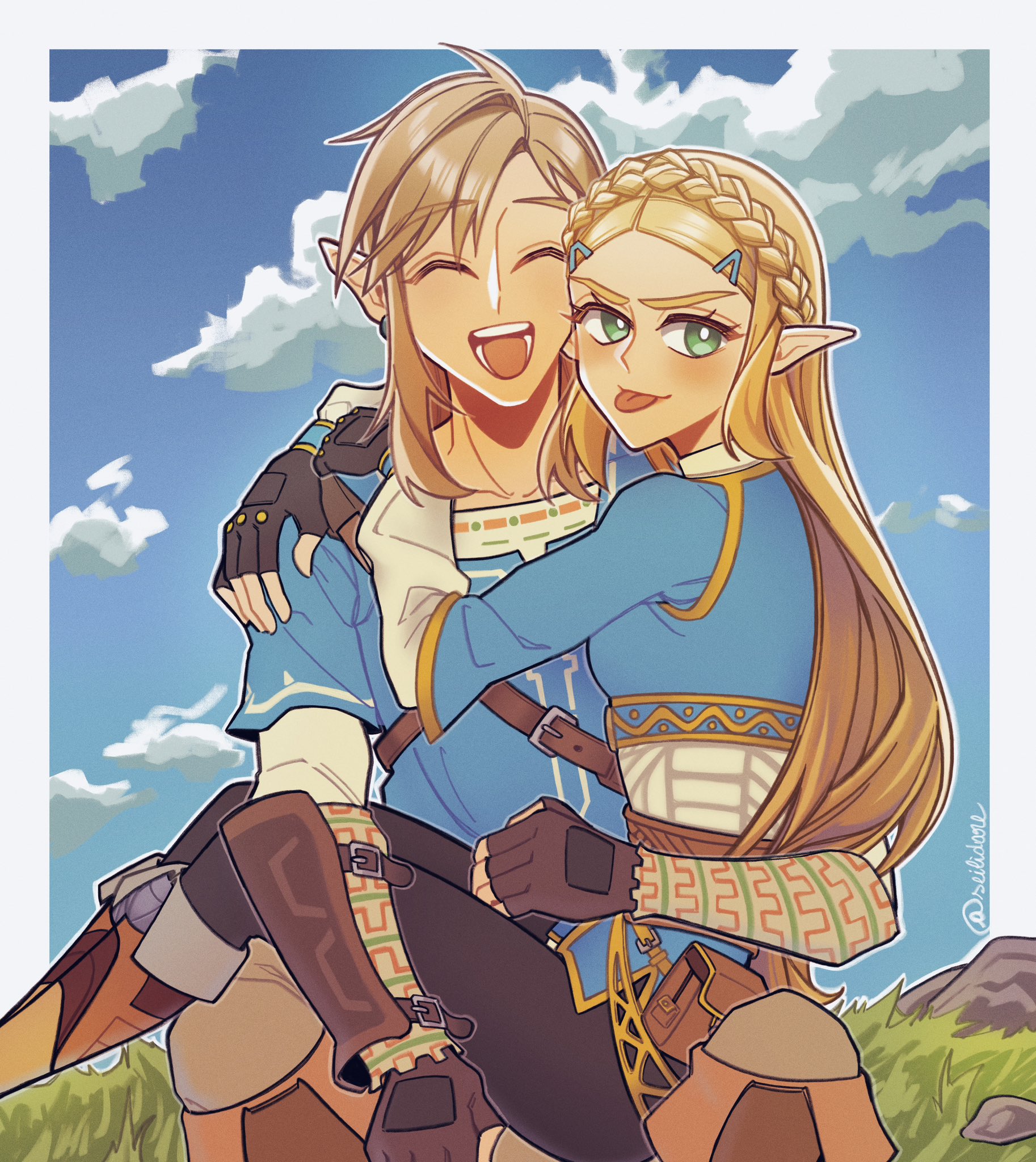 Safebooru - 1boy 1girl arms around neck black pants blonde hair blue shirt blue sky blue tunic ...