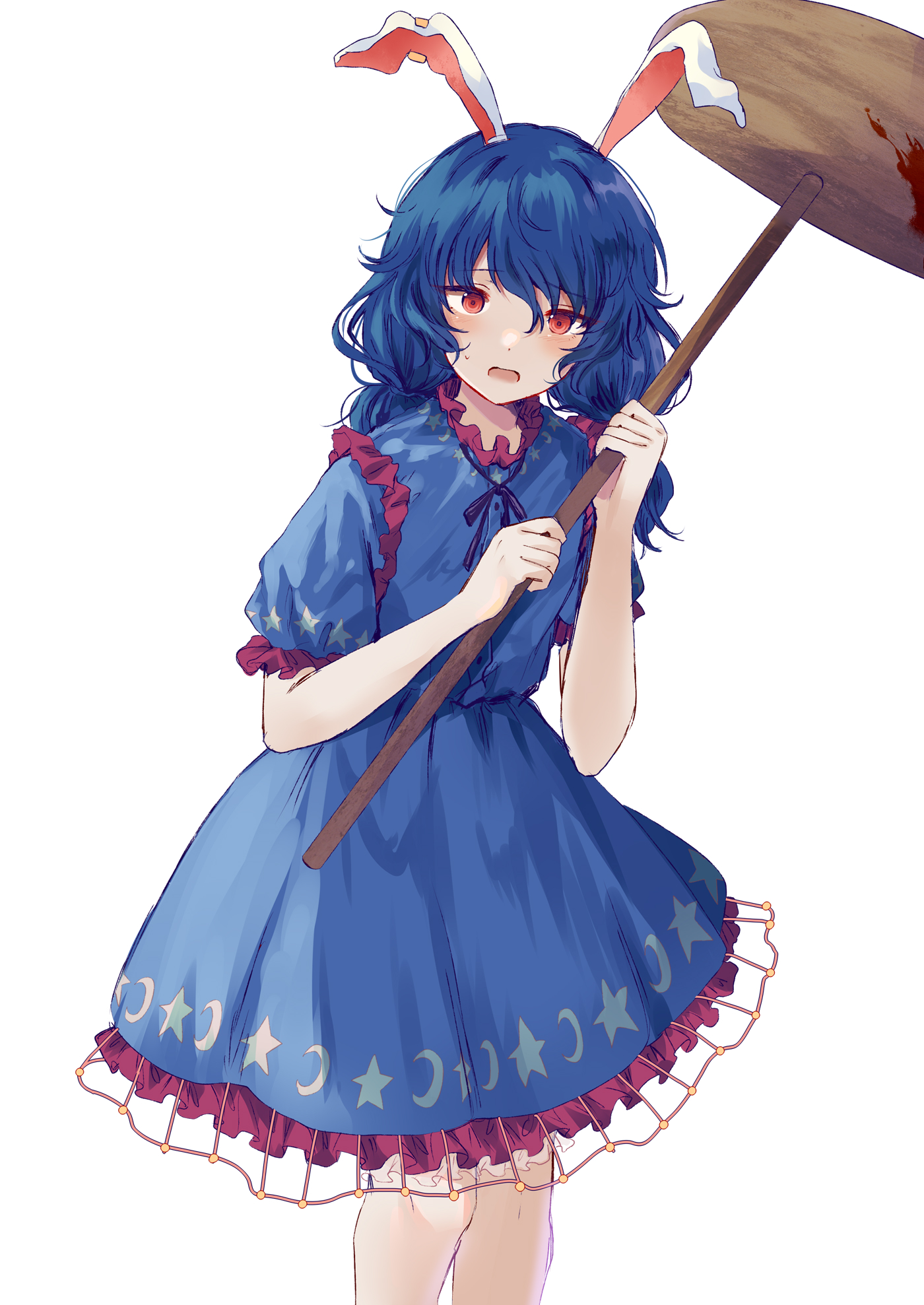 Safebooru - 1girl animal ears blue dress blue hair blush crescent print dress earclip feet out ...