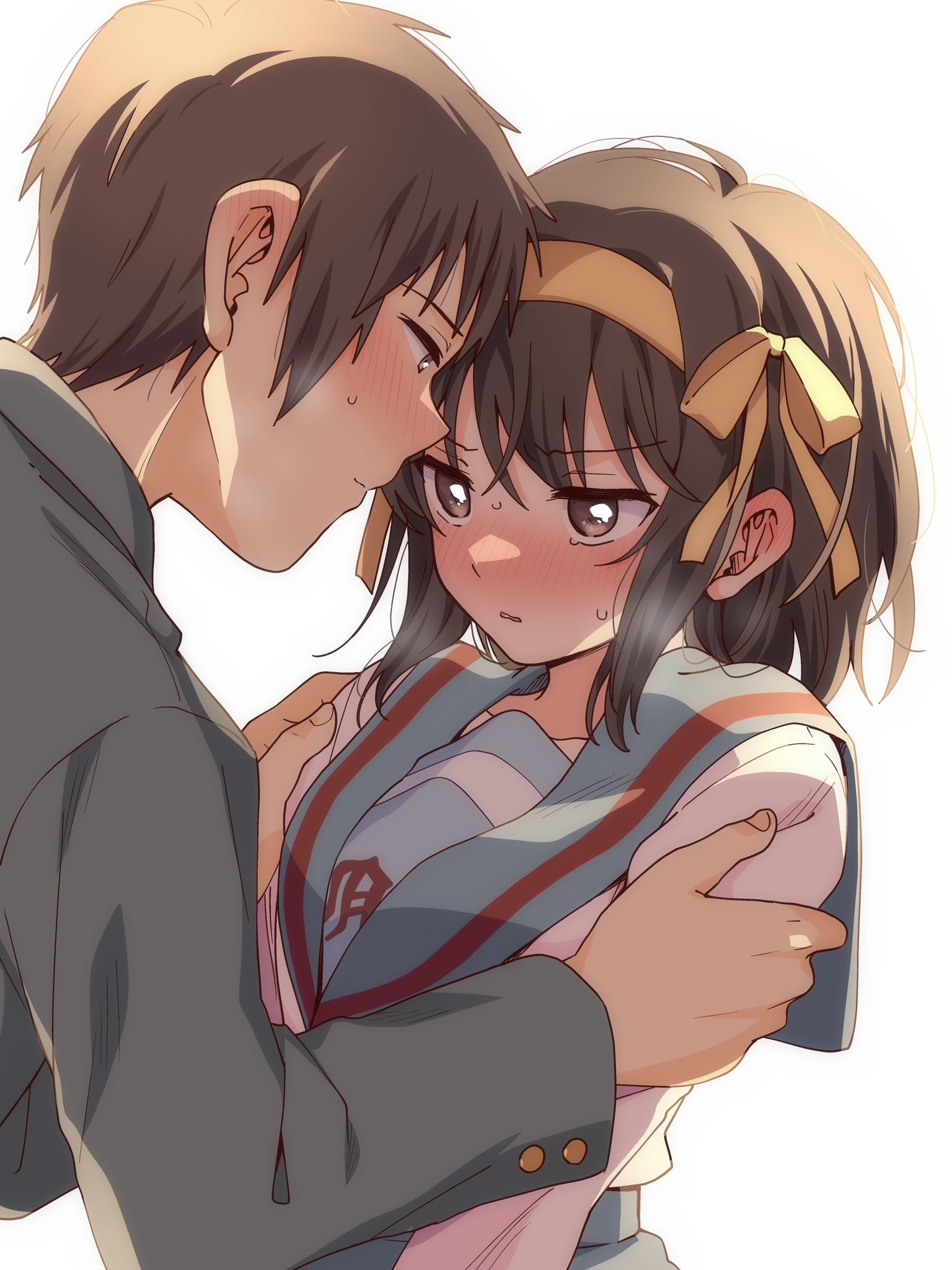 Safebooru - 1boy 1girl blazer blue sailor collar blue skirt blush bob cut brown eyes brown hair ...