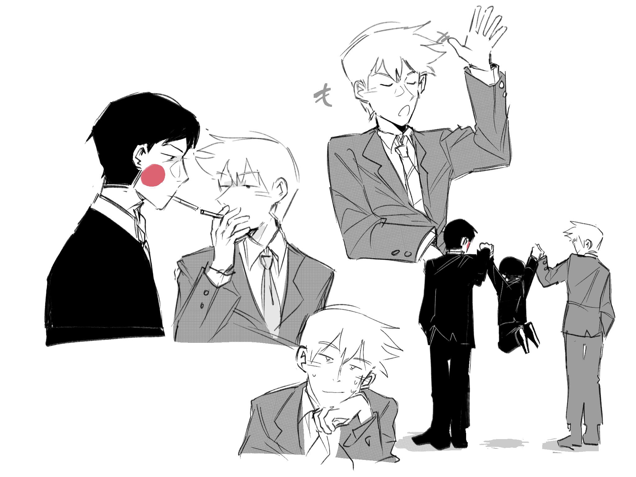 Safebooru - 3boys arm up blush stickers cigarette closed eyes closed ...