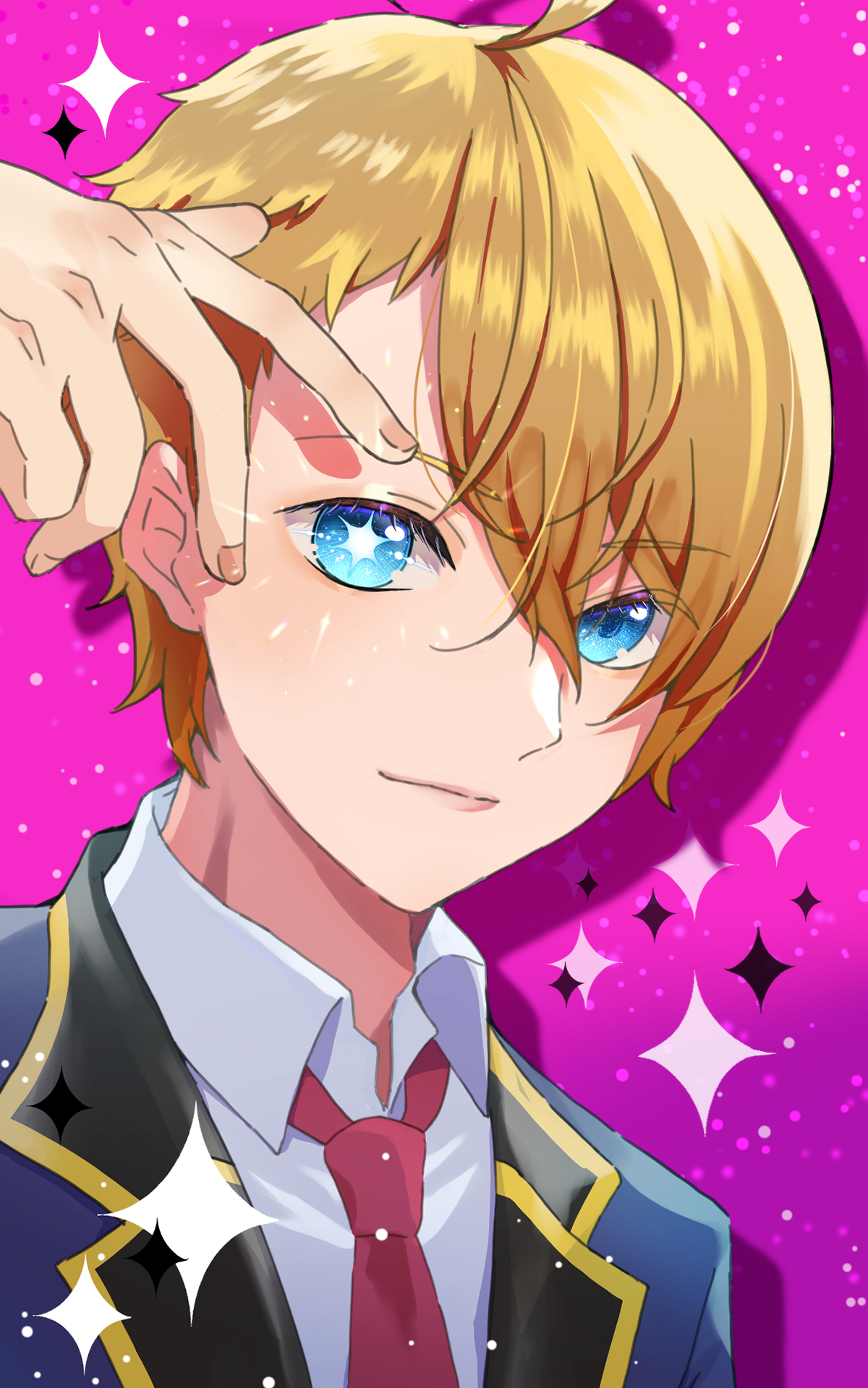 Safebooru - 1boy ahoge blonde hair blue eyes blue jacket closed mouth collared jacket collared ...
