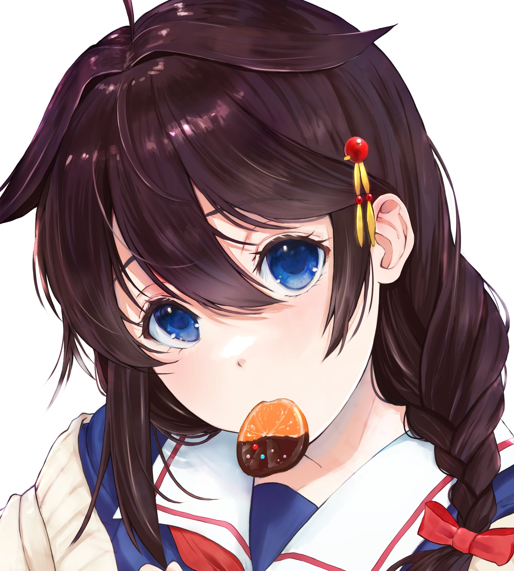 Safebooru - 1girl ahoge black serafuku blue eyes braid brown hair food fruit hair flaps highres ...