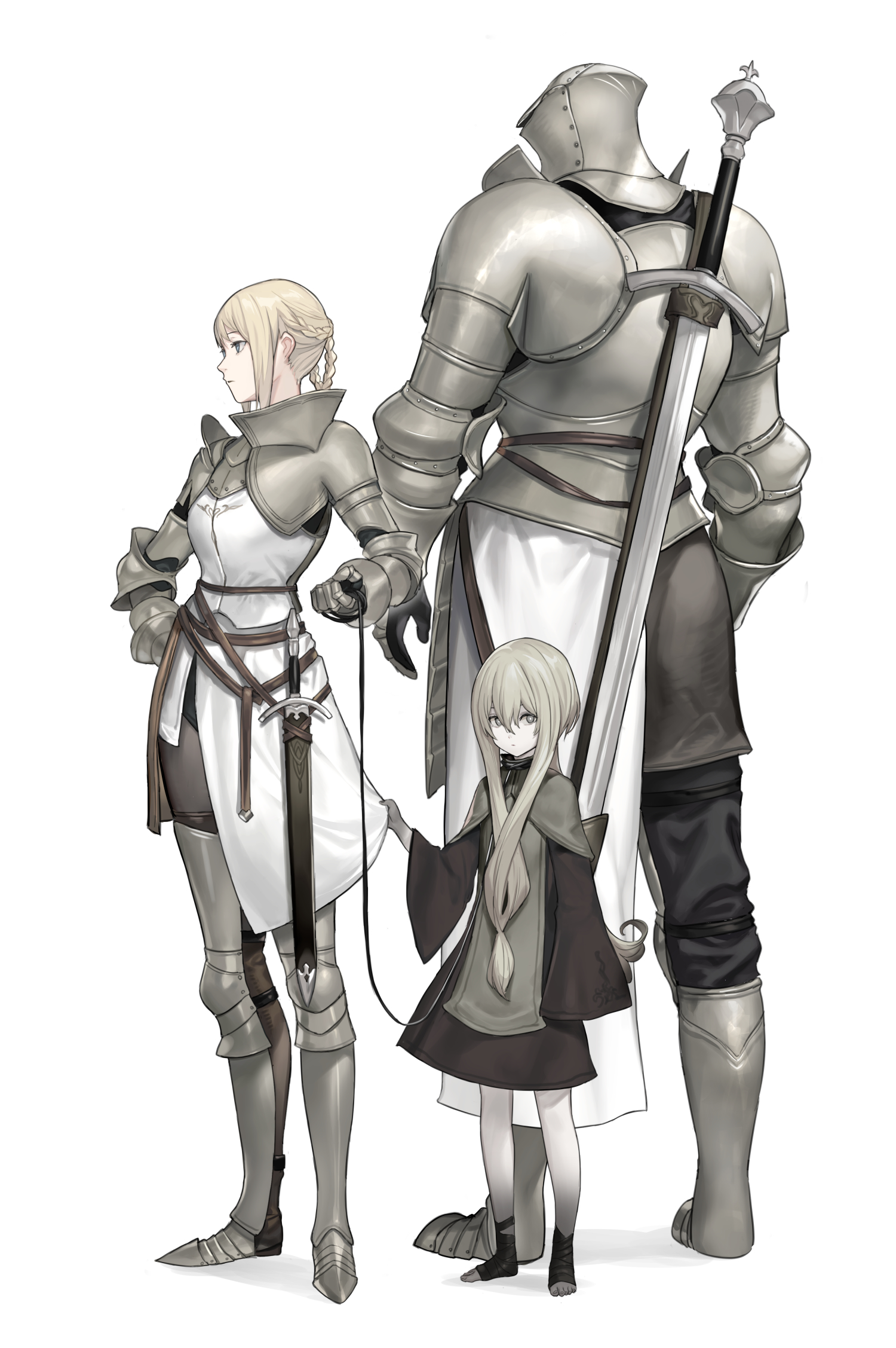 Safebooru - 1boy 2girls armor armored boots blonde hair blue eyes boots breastplate foot wraps ...