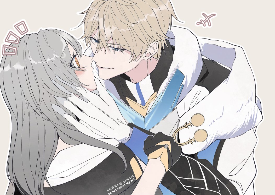 Safebooru - 1boy 1girl artist name blonde hair blue eyes blush couple gepard landau gloves grey ...