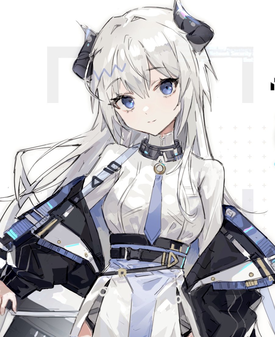 Safebooru - 1girl black jacket blue eyes blue necktie breast rest breasts dragon horns english ...