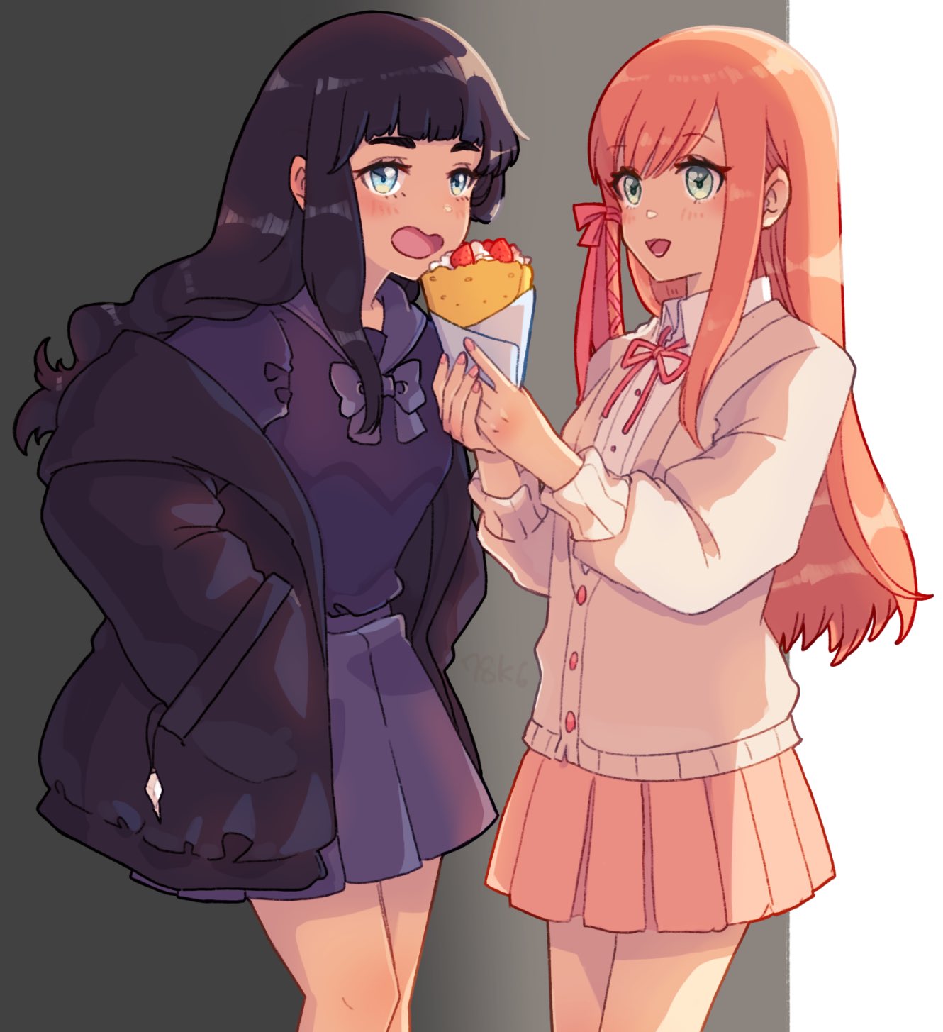 Safebooru - 2girls black hair black jacket blue eyes bow bowtie ...