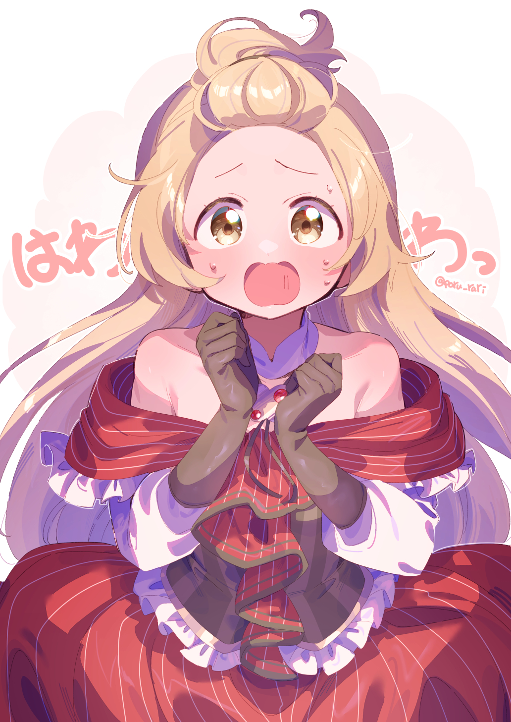 Safebooru - 1girl ascot azumi hagumu bangs pinned back blonde hair blush bolo tie brooch brown ...