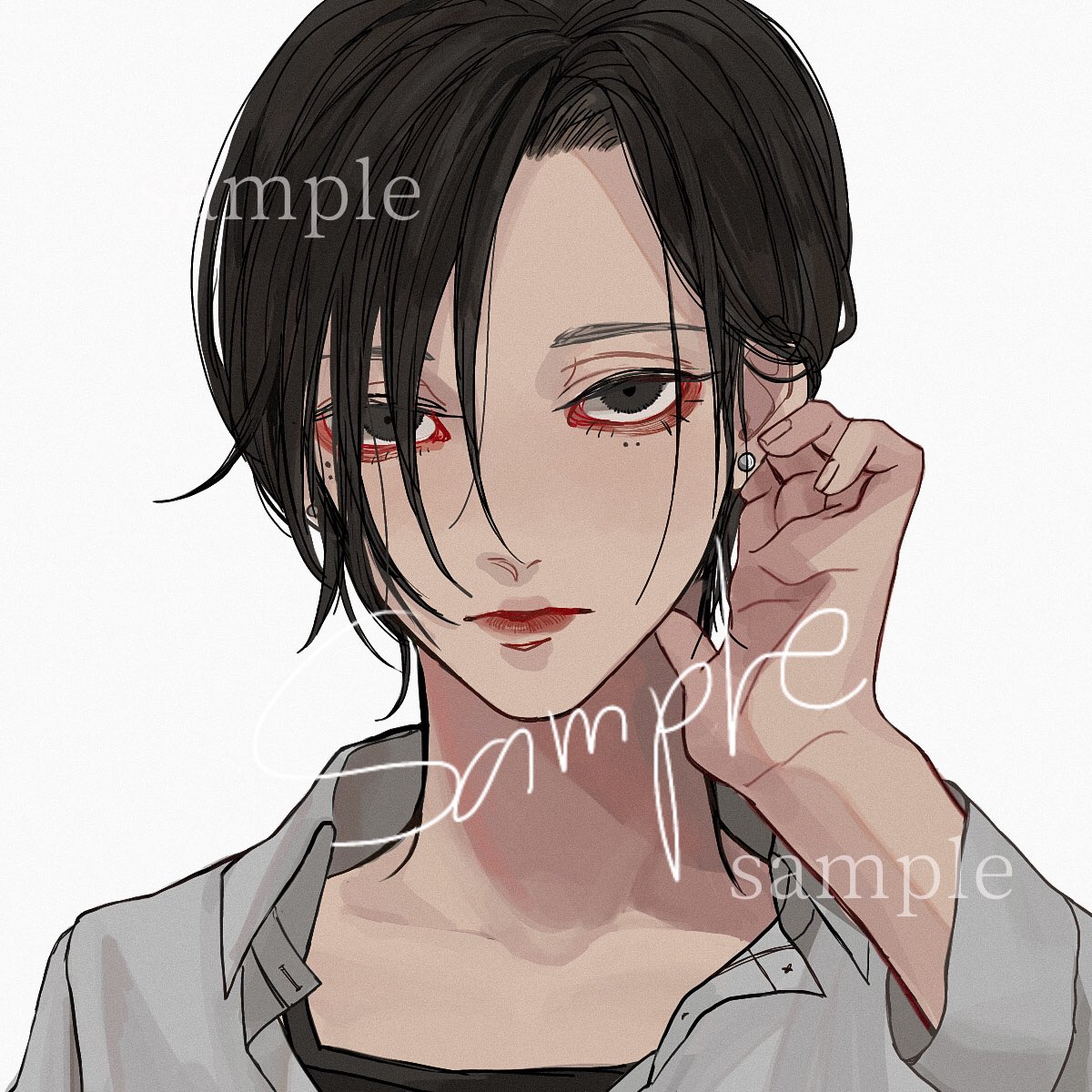 Safebooru - 1boy androgynous bishounen black eyes black hair closed mouth collared shirt ...