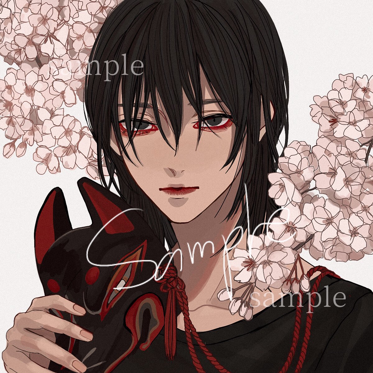 Safebooru - 1boy bishounen black eyes black hair black shirt cherry blossoms closed mouth ...