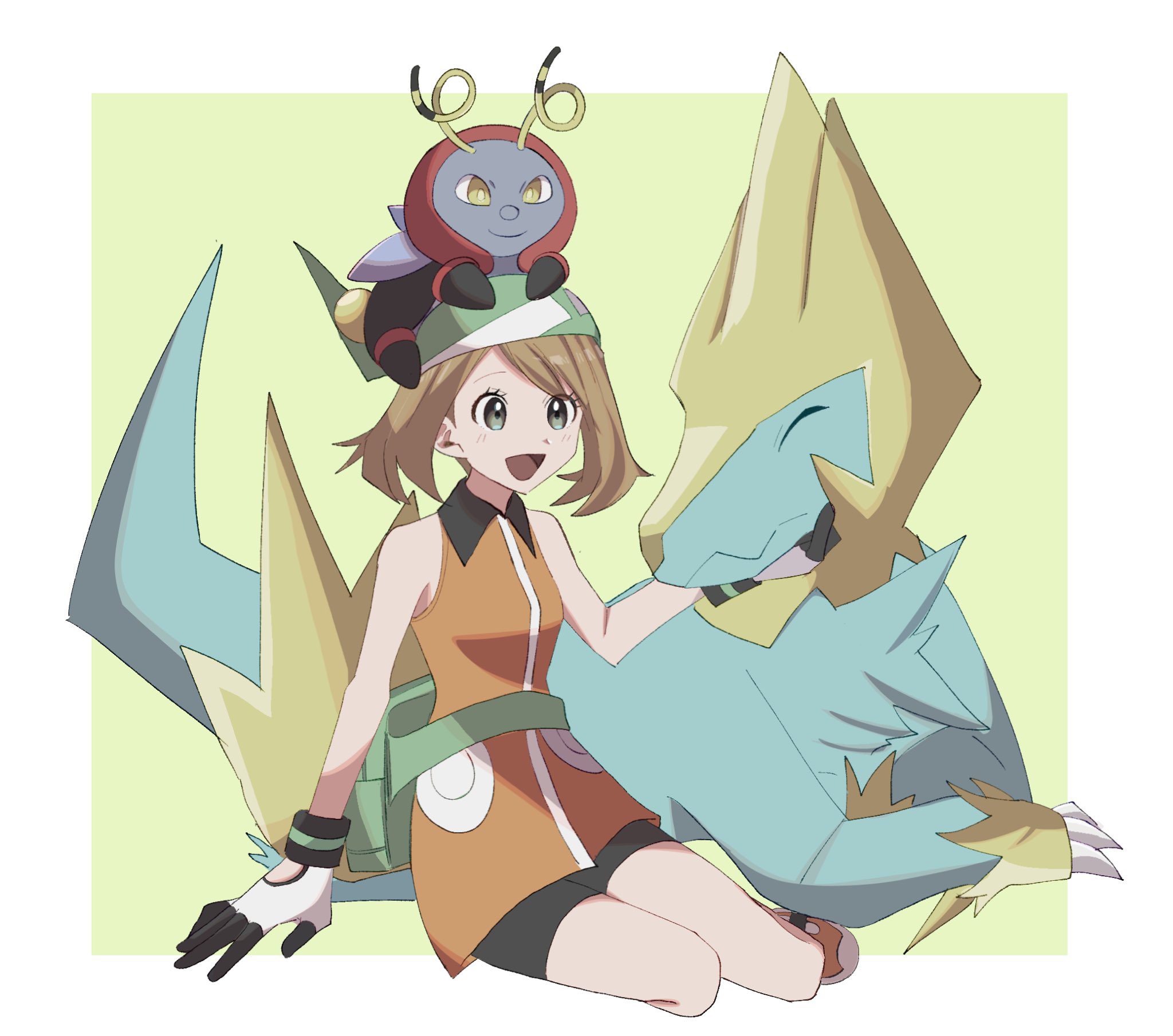 Safebooru - 1girl :d bandana bike shorts blush brown hair collared ...