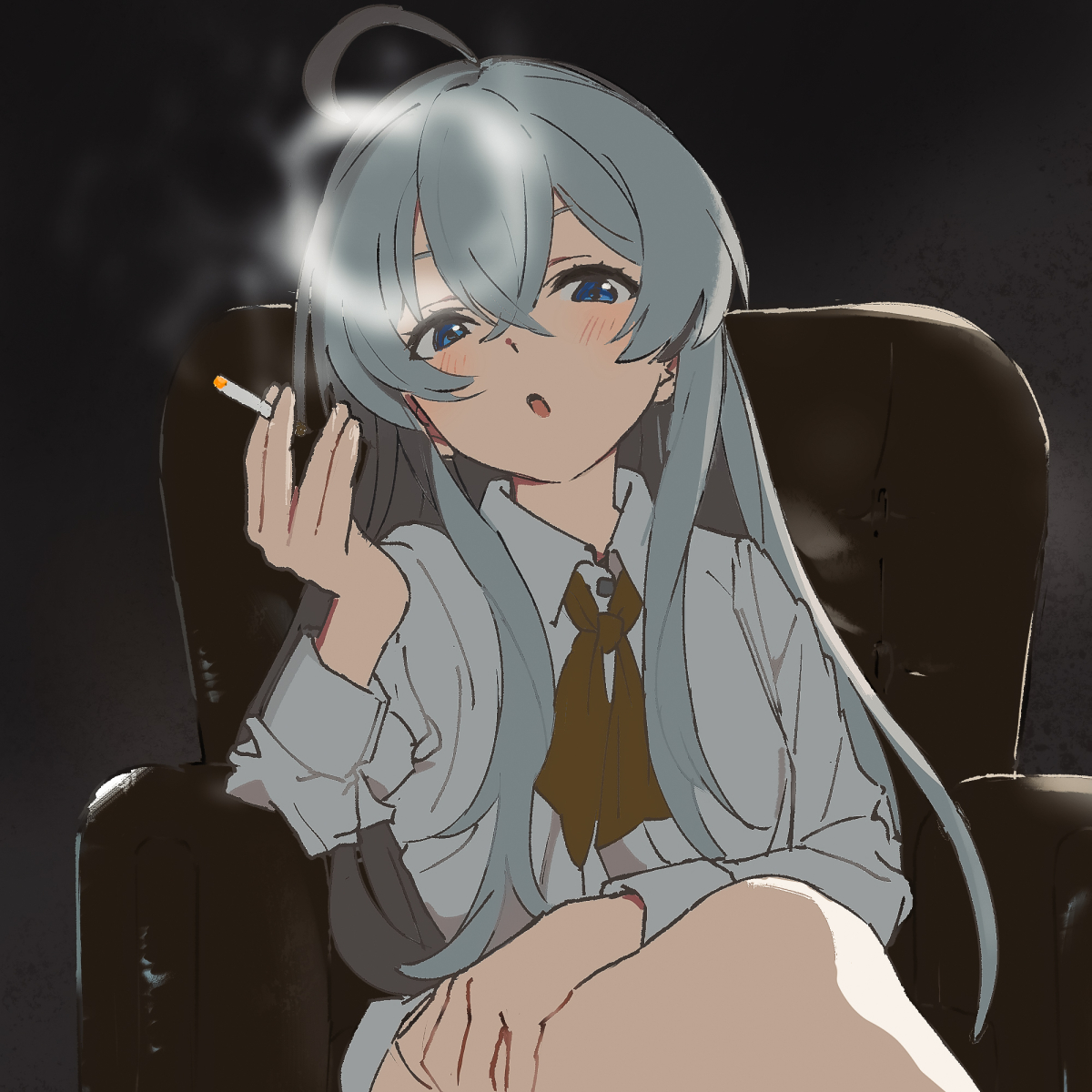 Safebooru - 1girl ahoge between fingers black background blowing smoke blue eyes blue hair blush ...
