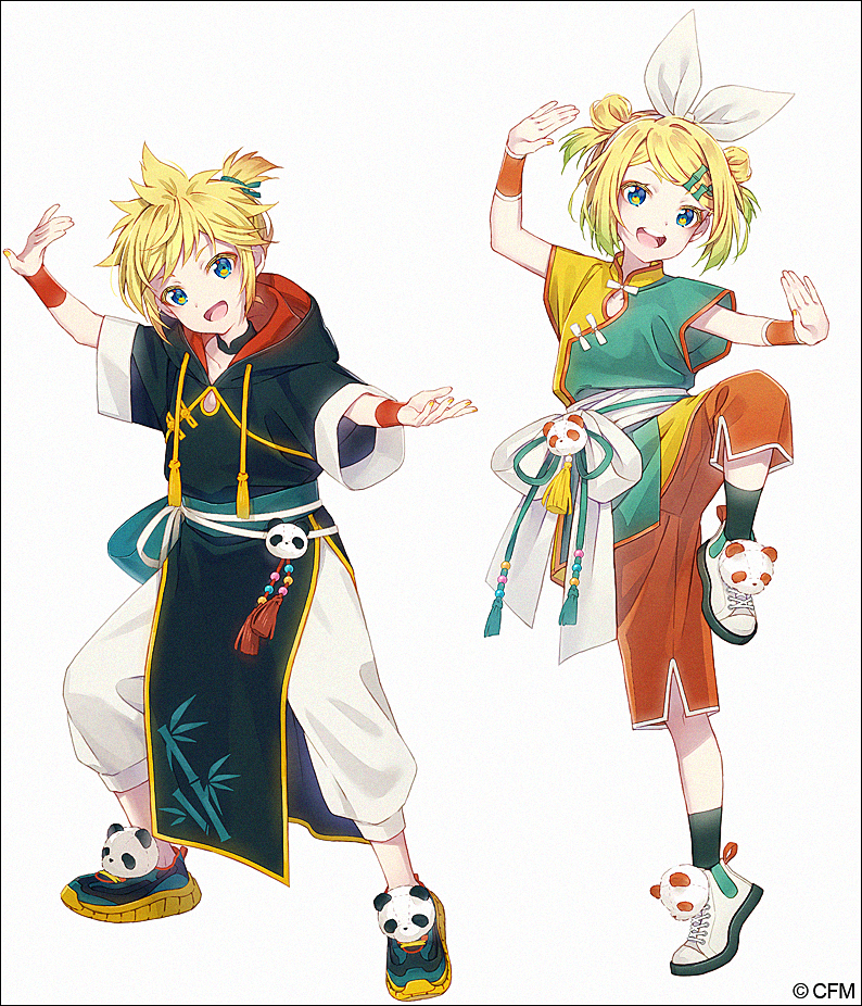 Safebooru - 1boy 1girl ankle socks aqua bow aqua sash baggy pants bamboo print beads black ...