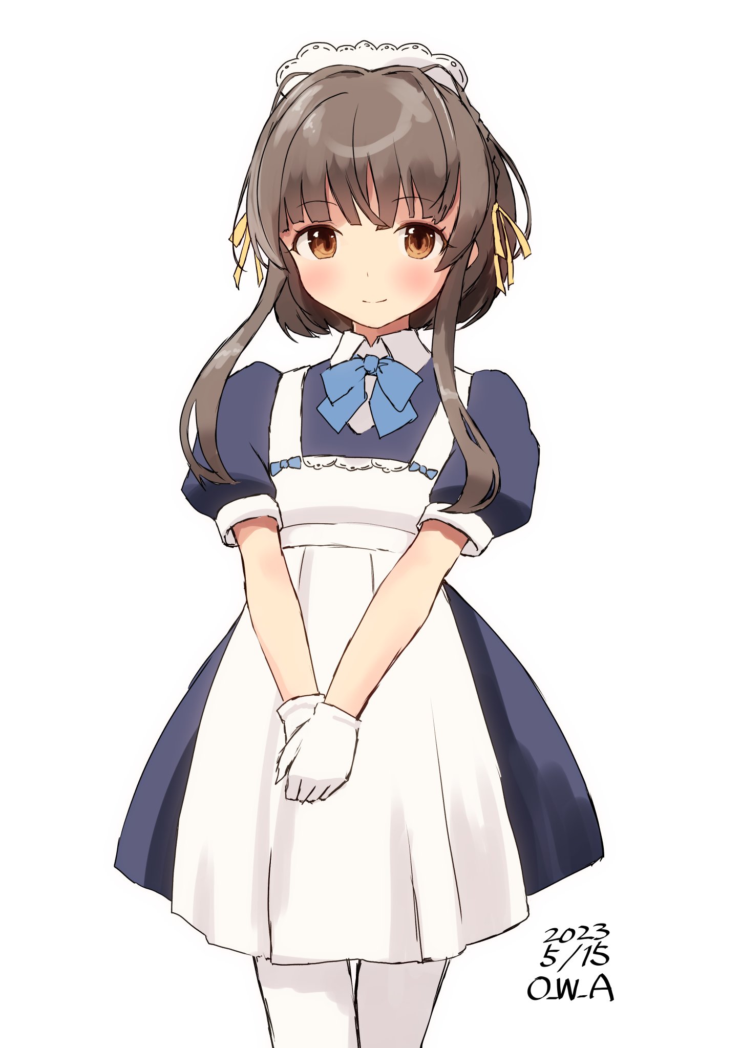 Safebooru - 1girl alternate costume apron black dress blush brown eyes brown hair cowboy shot ...