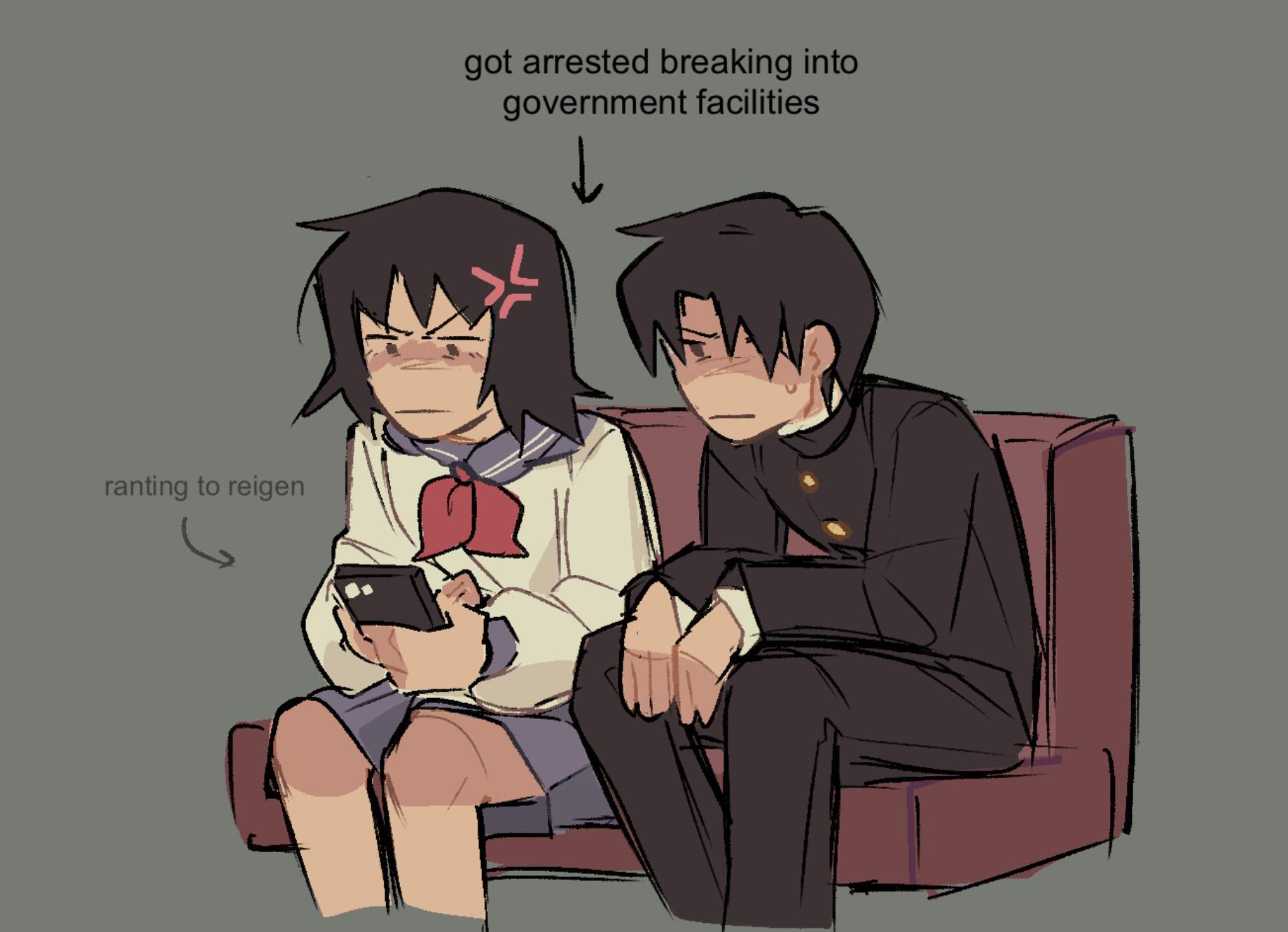 Safebooru - 1boy 1girl anger vein black hair black jacket black pants brown eyes cellphone ...