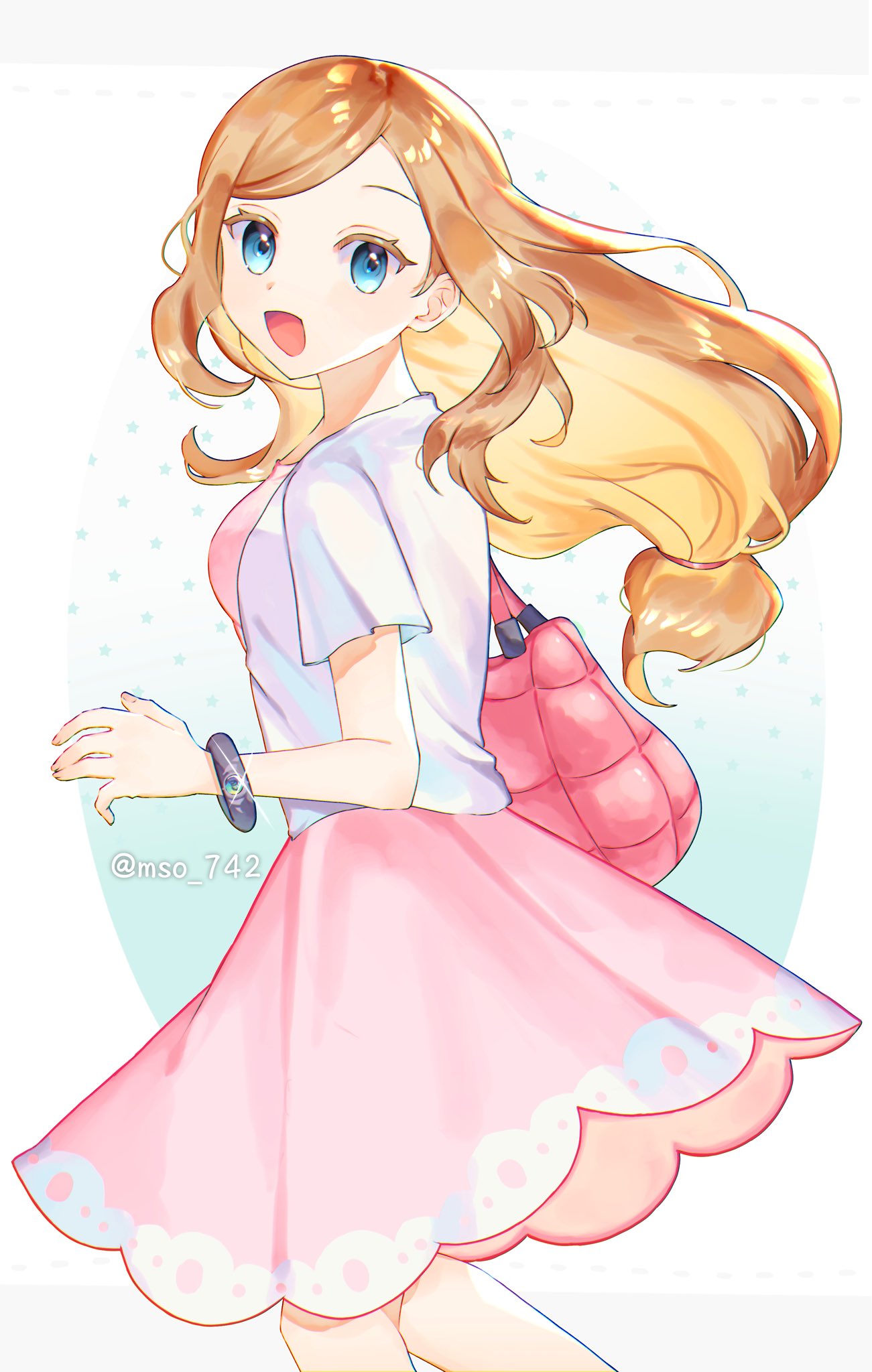 Safebooru - 1girl :d alternate costume aqua eyes bag blonde hair bracelet cardigan colored ...