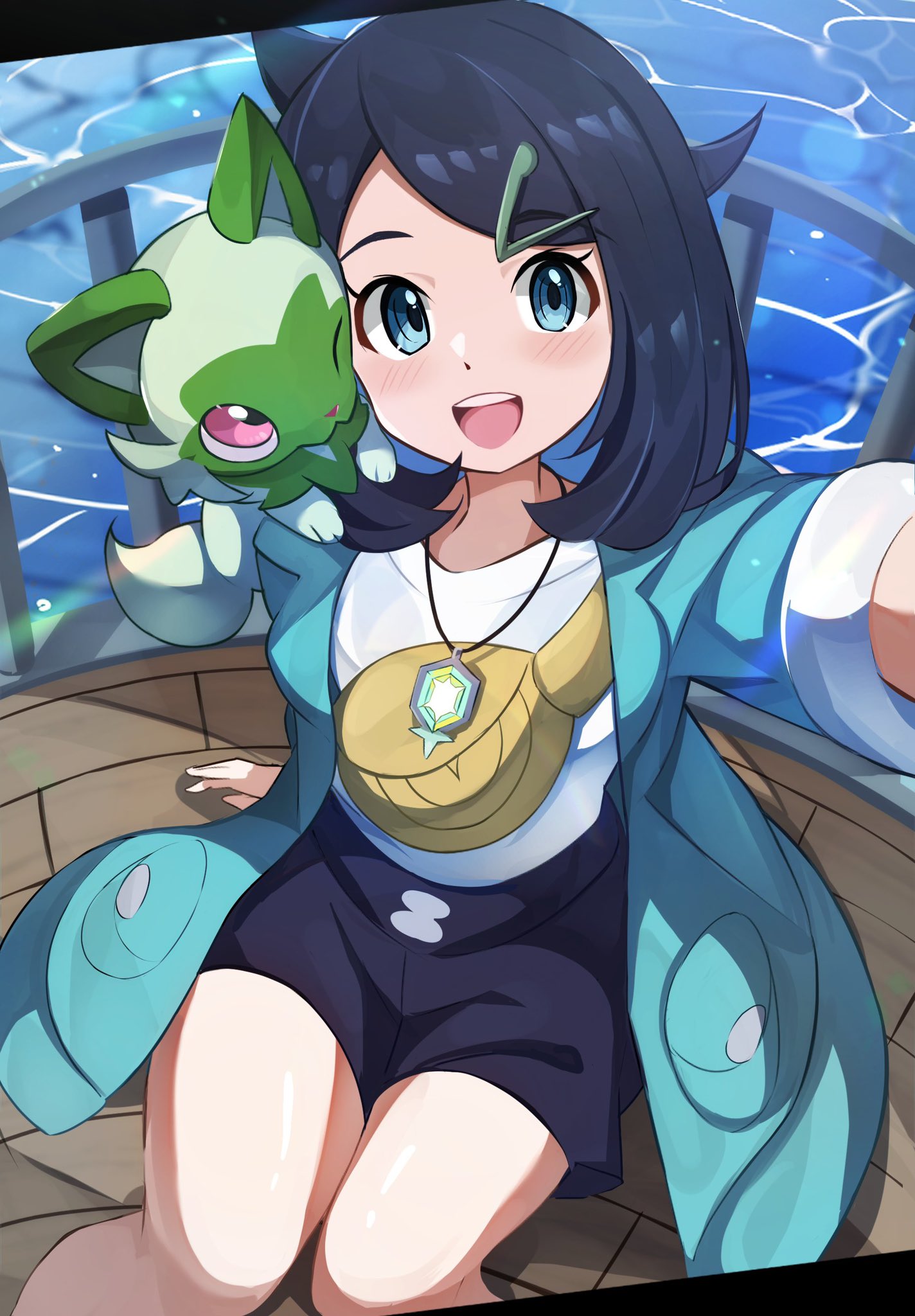 Safebooru - 1girl black hair black shorts blue eyes blush coat ...