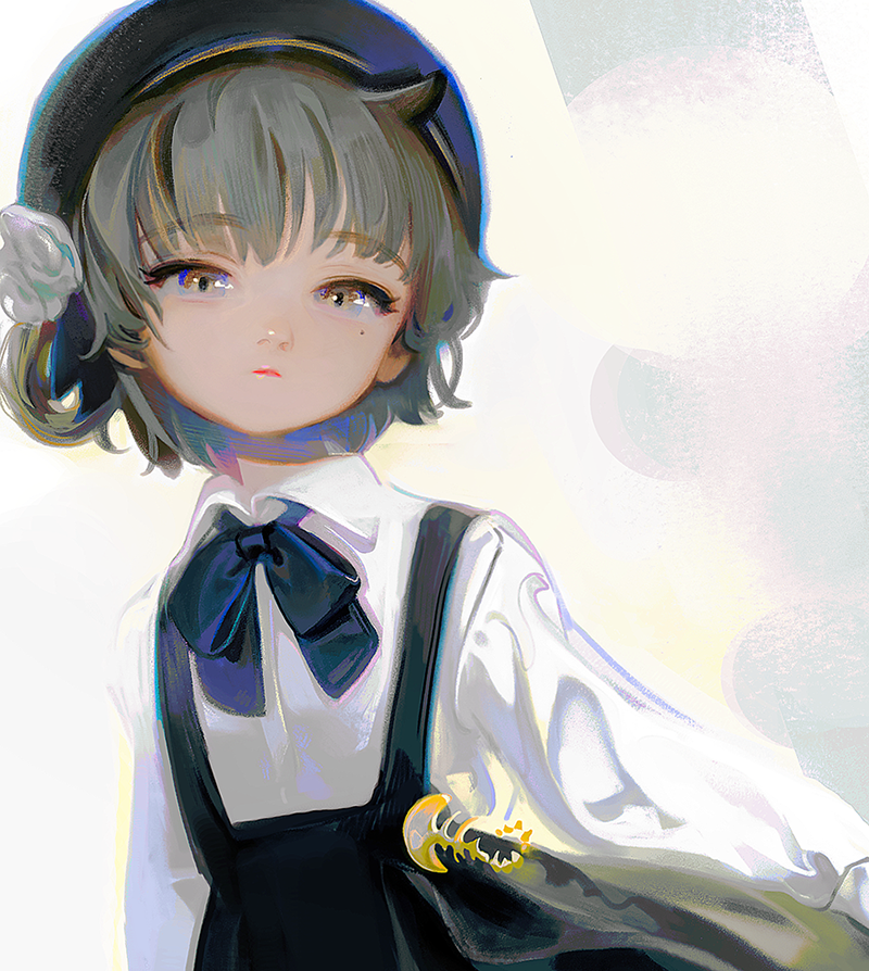 Safebooru - 1girl beret black headwear black ribbon black skirt brown eyes closed mouth ...