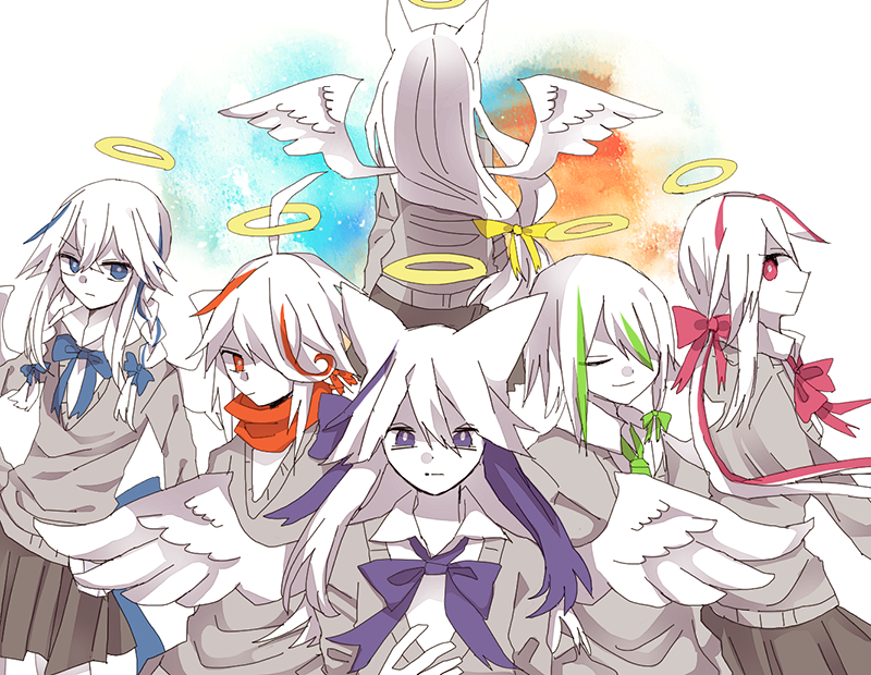 Safebooru - 2boys 4girls angel angel wings animal ears blue hair cat ...