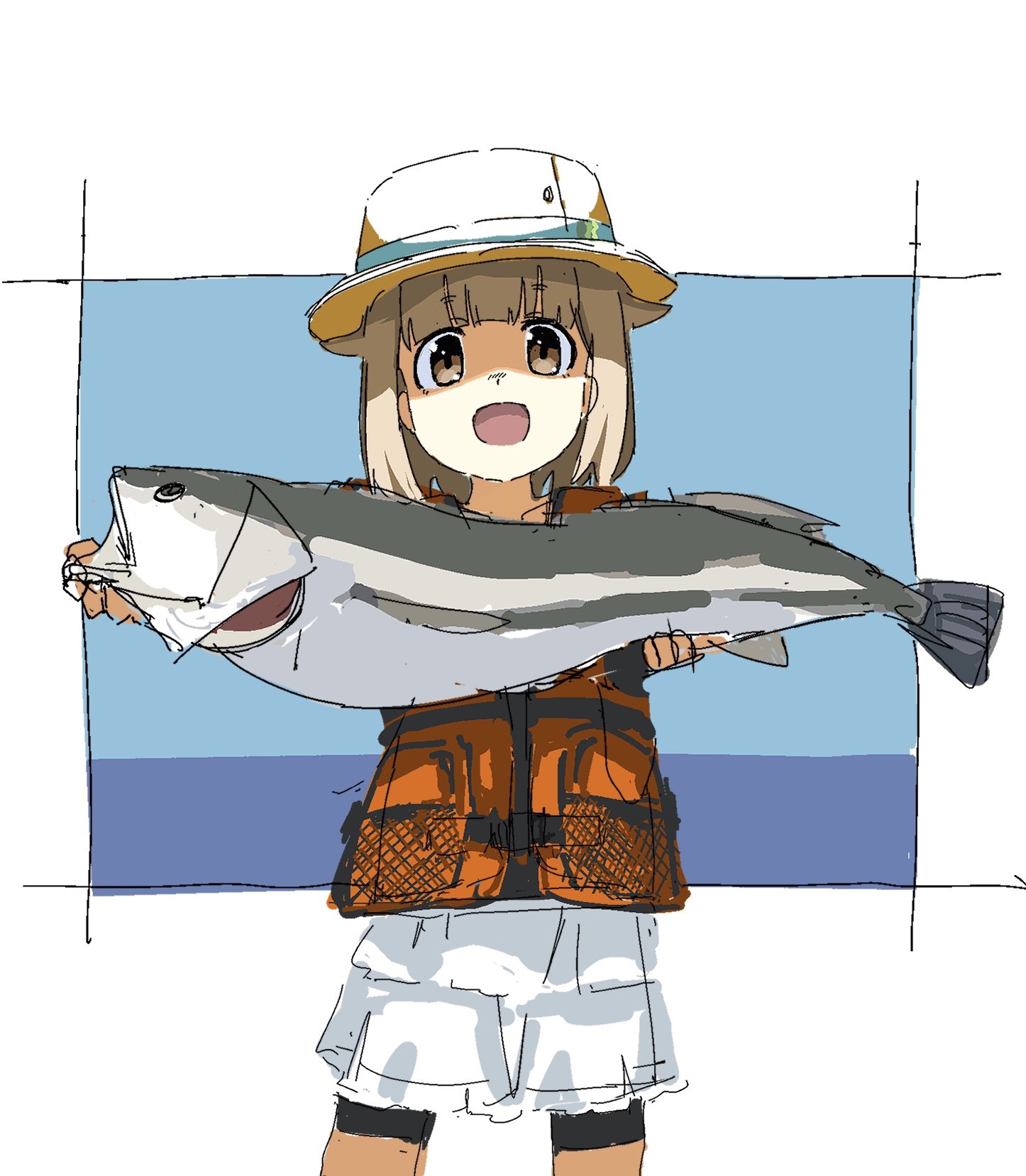 Safebooru - 1girl animal brown eyes brown hair fish hat highres holding ...