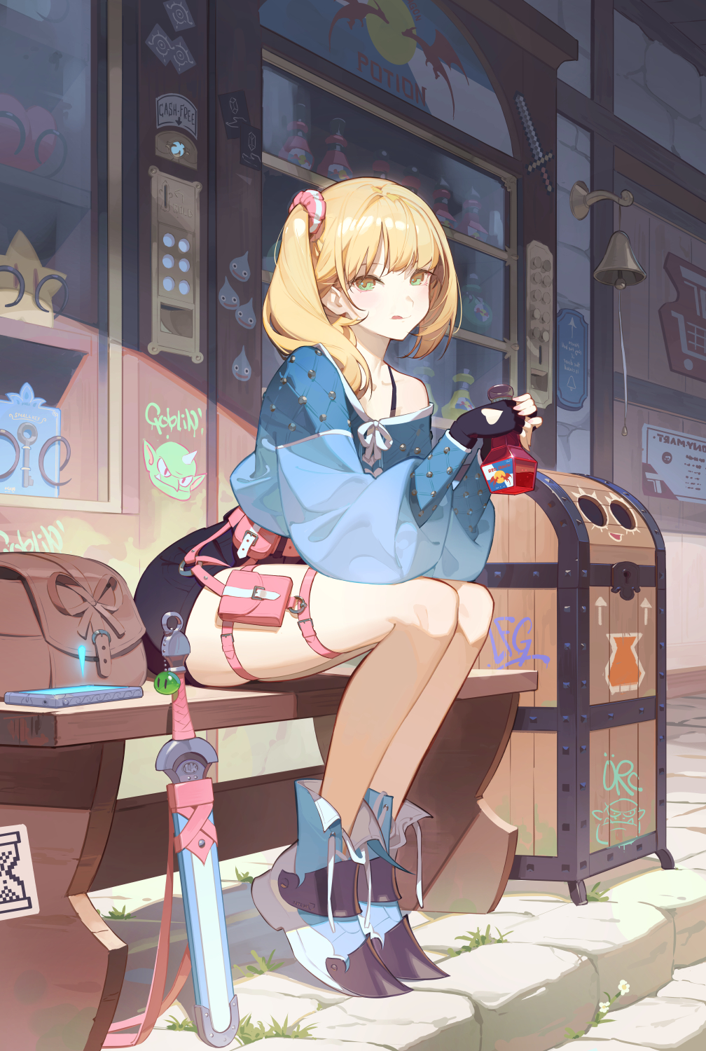 Safebooru - 1girl baggy clothes belt bench blonde hair blue shirt collarbone fingerless gloves ...