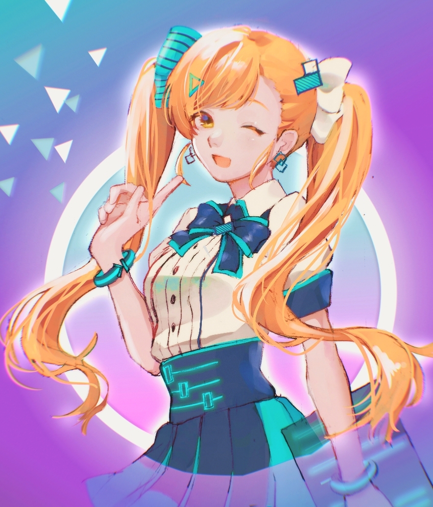 Safebooru - 1girl :d aqua skirt blonde hair blue bow bow bowtie bracelet gradient background ...