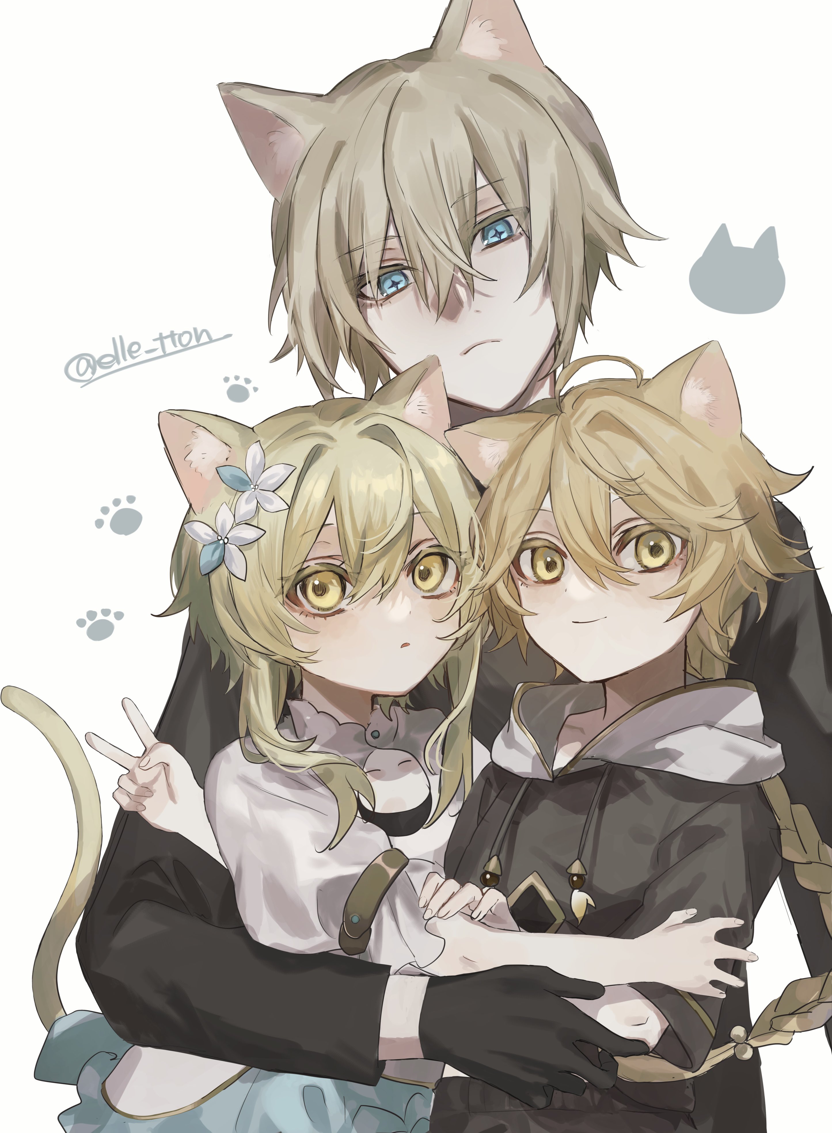 Safebooru - 1girl 2boys absurdres aether (genshin impact) ahoge animal ears black sweater blonde ...