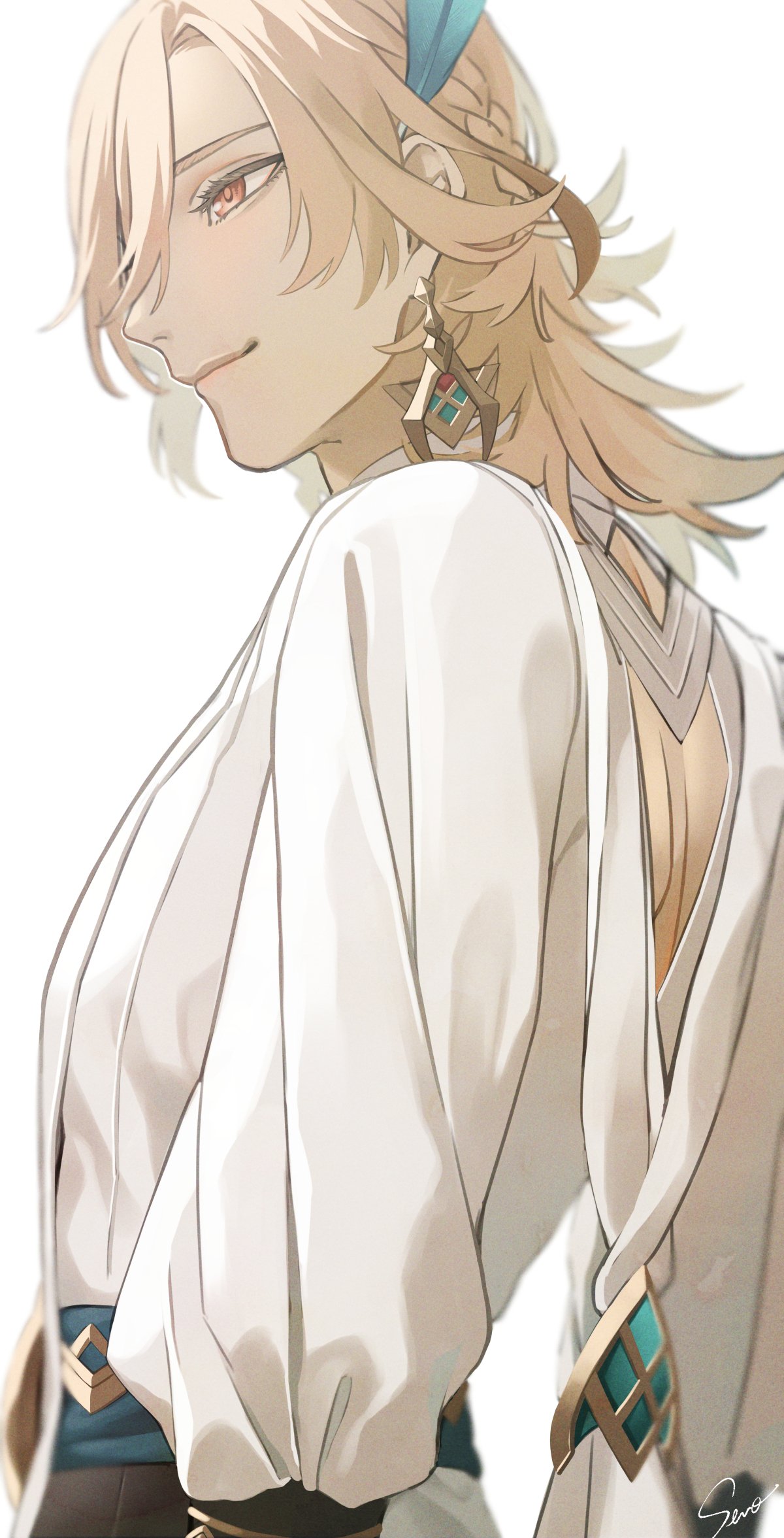 Safebooru - 1boy belt blonde hair blue belt braid brown hair brown pants earrings facing to the ...