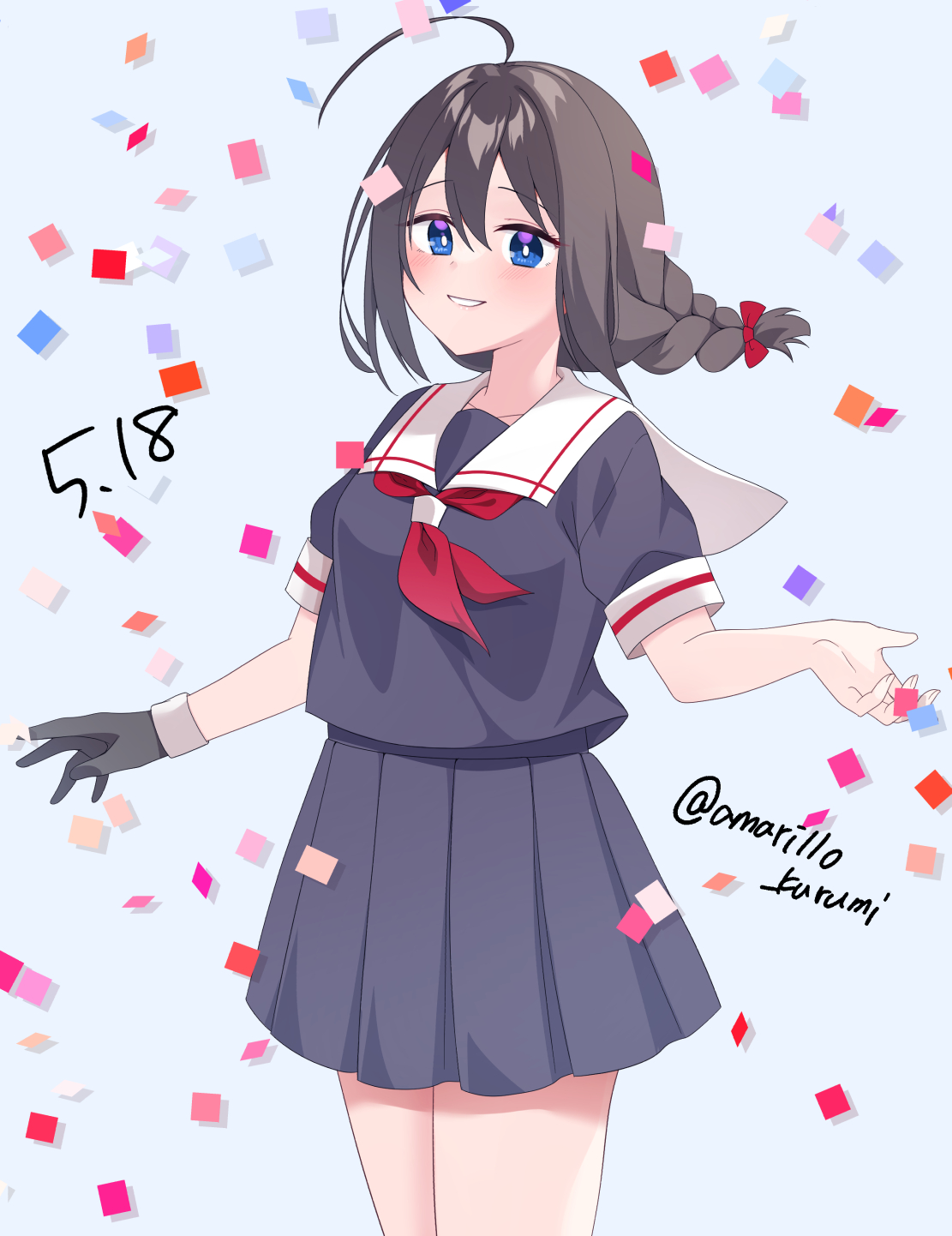 Safebooru - 1girl ahoge black gloves black hair black serafuku black shirt black skirt blue eyes ...